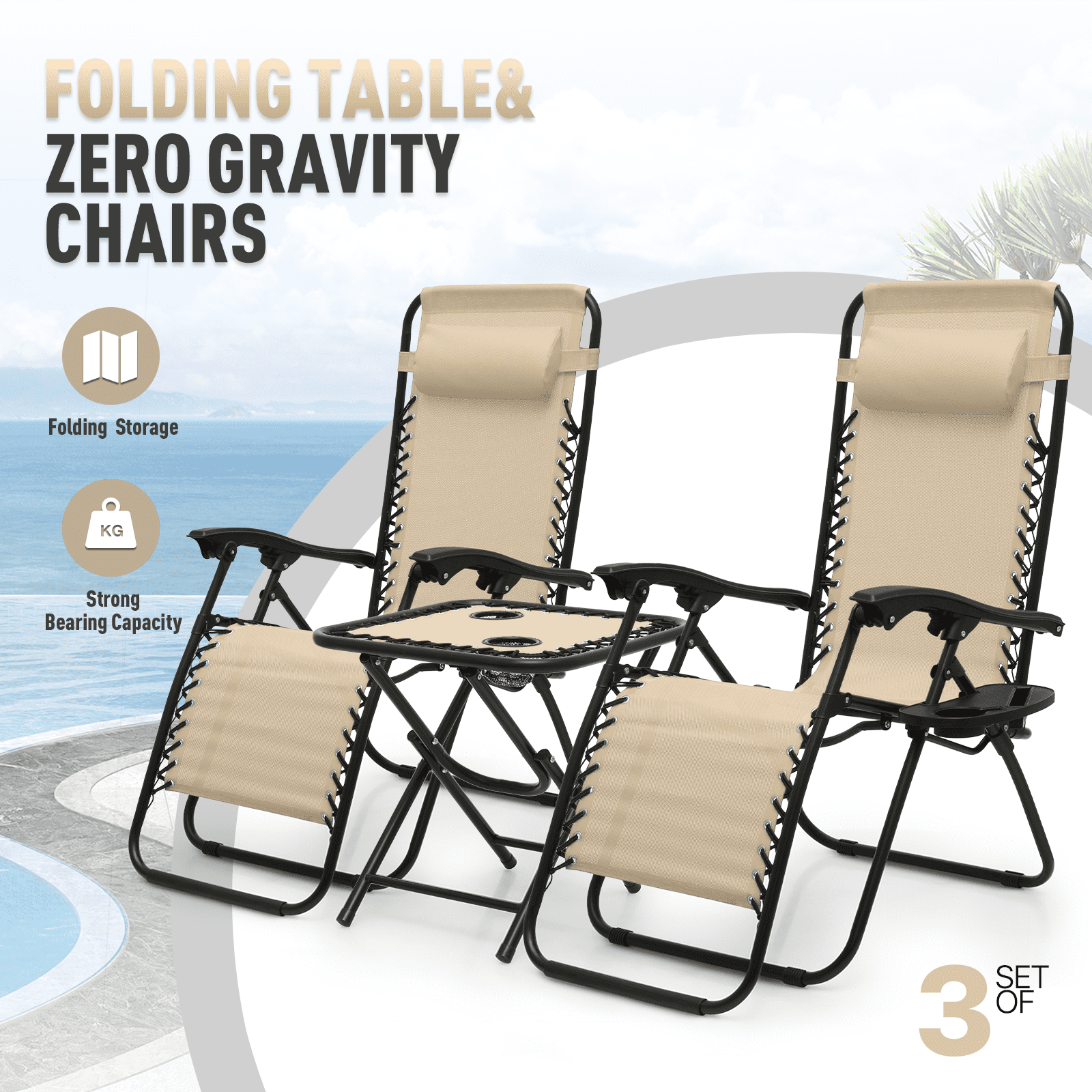 OSM Set of 3 Adjustable Zero Gravity Folding Chairs, Outdoor Reclining ...