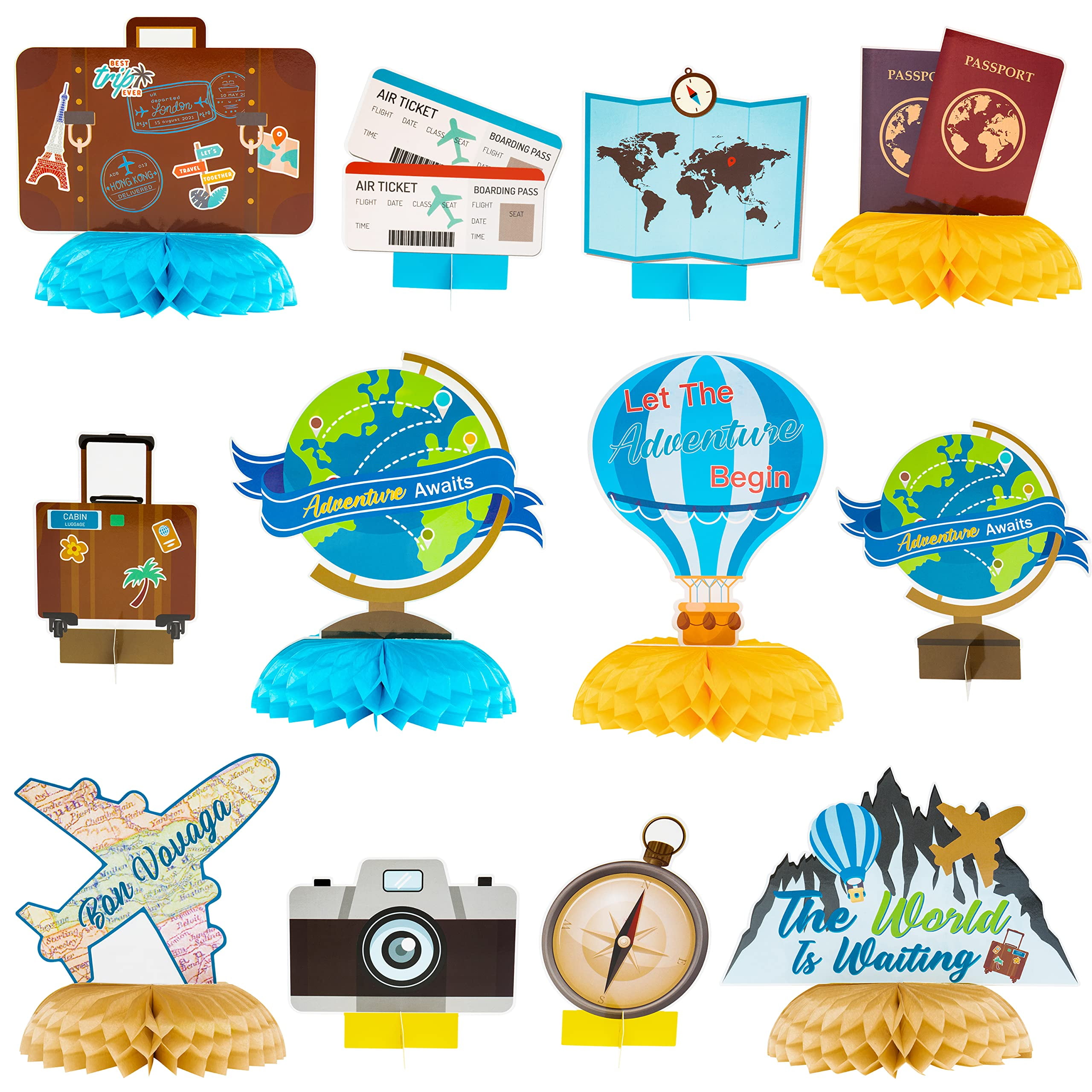 OSNIE 12Pcs Travel Themed Honeycomb Centerpieces Table Toppers Awaits ...