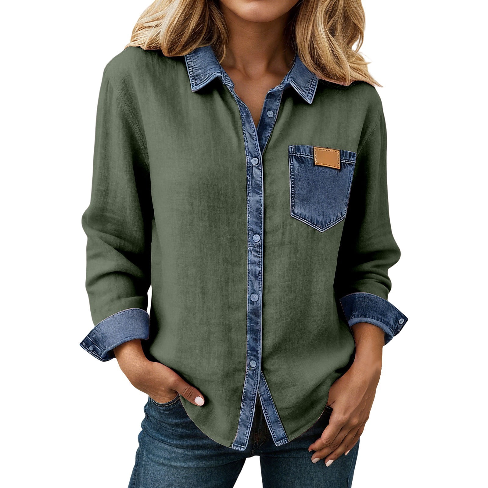 OSOLU Button Up Shirts For Women Patchwork Color Block Long Sleeve ...