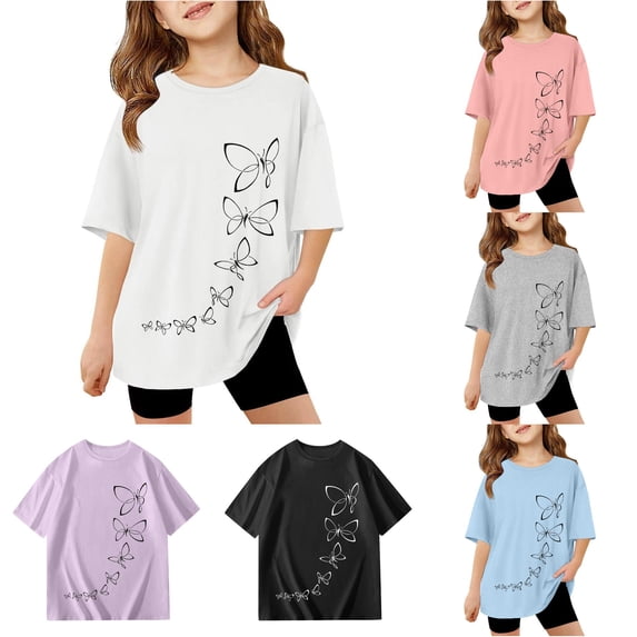 OSOLU Children Girls T-Shirts Butterfly Print Short Sleeve Crew Neck ...