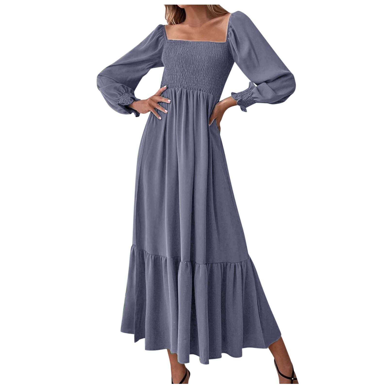 OSOLU Dresses Solid Color Women 2025 Fall Casual Long Sleeve Maxi Dress ...