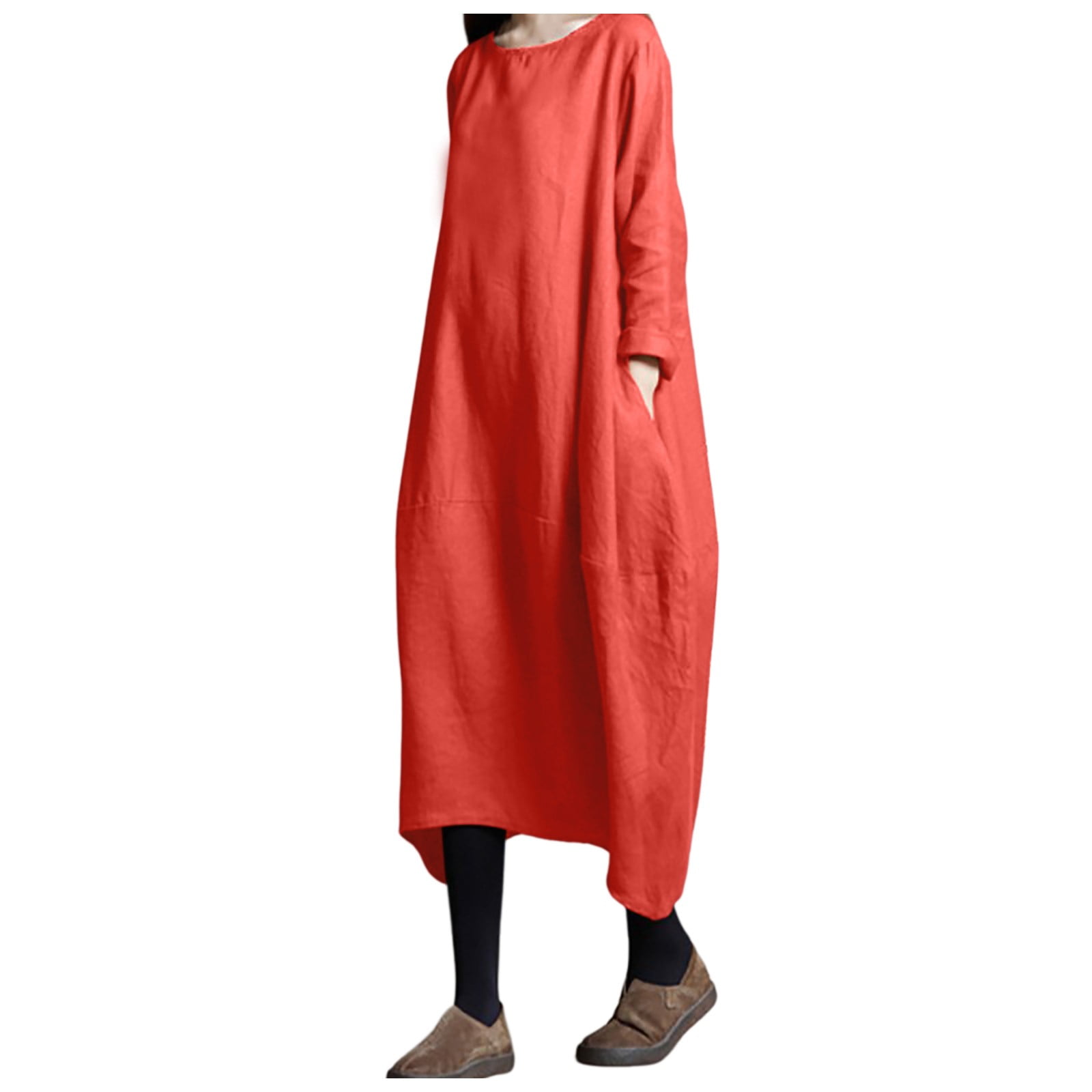 OSOLU Dresses Solid Color Women Loose Linen Long Crew Neck Dress Cozy ...