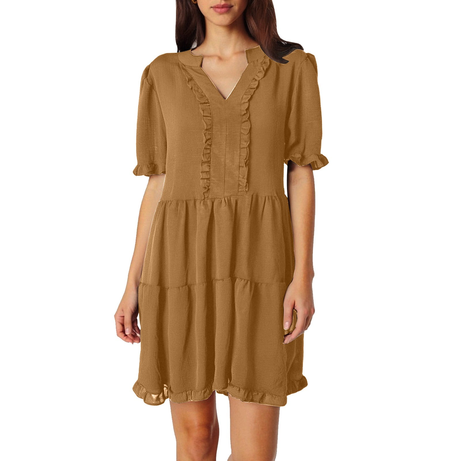 OSOLU Dresses Solid Color Women Ruffled V-Neck Short Sleeve Layered ...