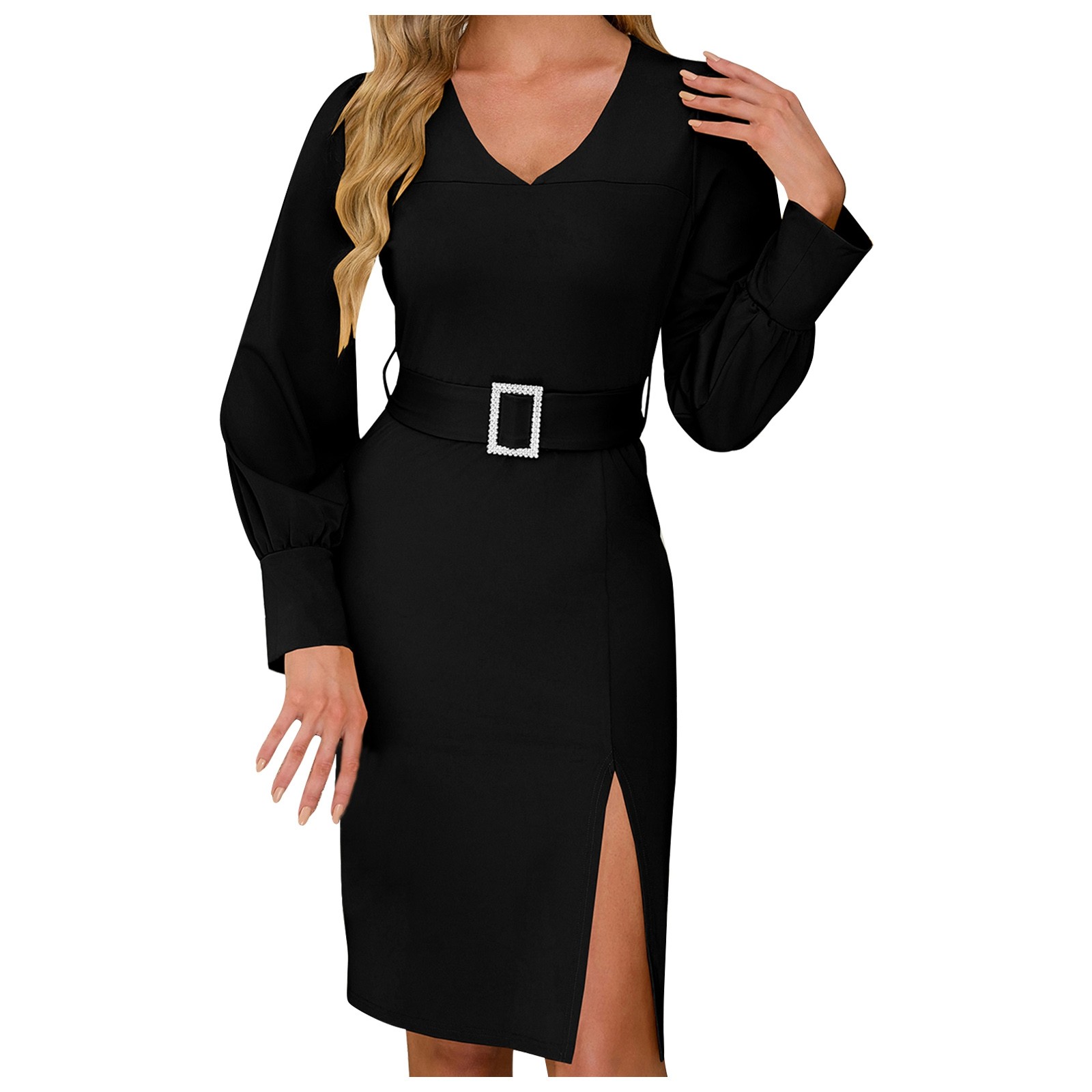 OSOLU Dresses Solid Color Women Slim Fit V-Neck Long Sleeve Belt Wrap ...