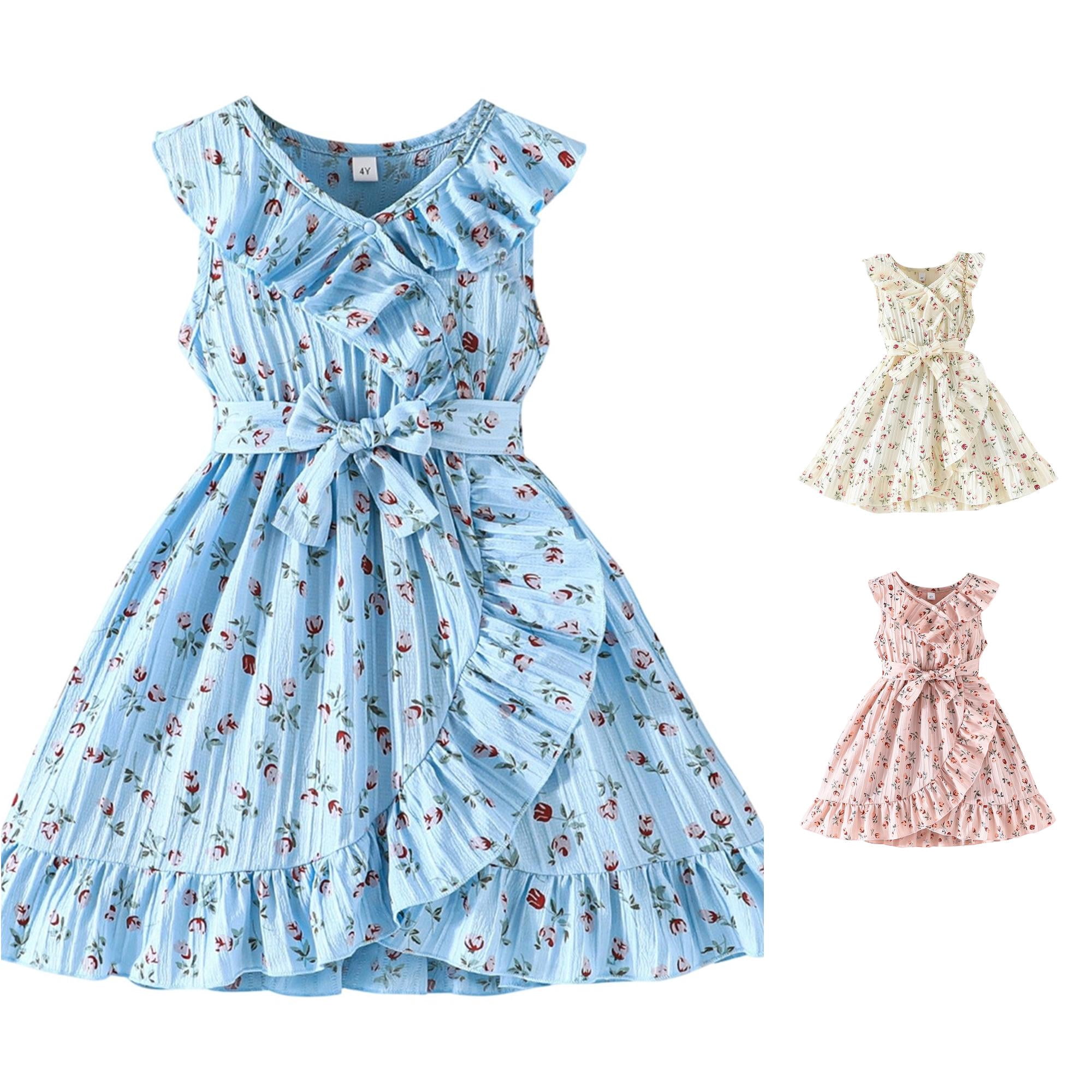 OSOLU Girls Floral Dress Summer Sleeveless Peter Pan Collar Tie Waist ...