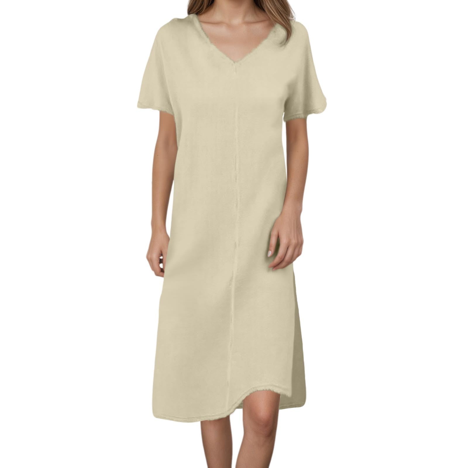 OSOLU Linen Dress Women Mi Long Casual Dresses Short Sleeve Solid Color ...