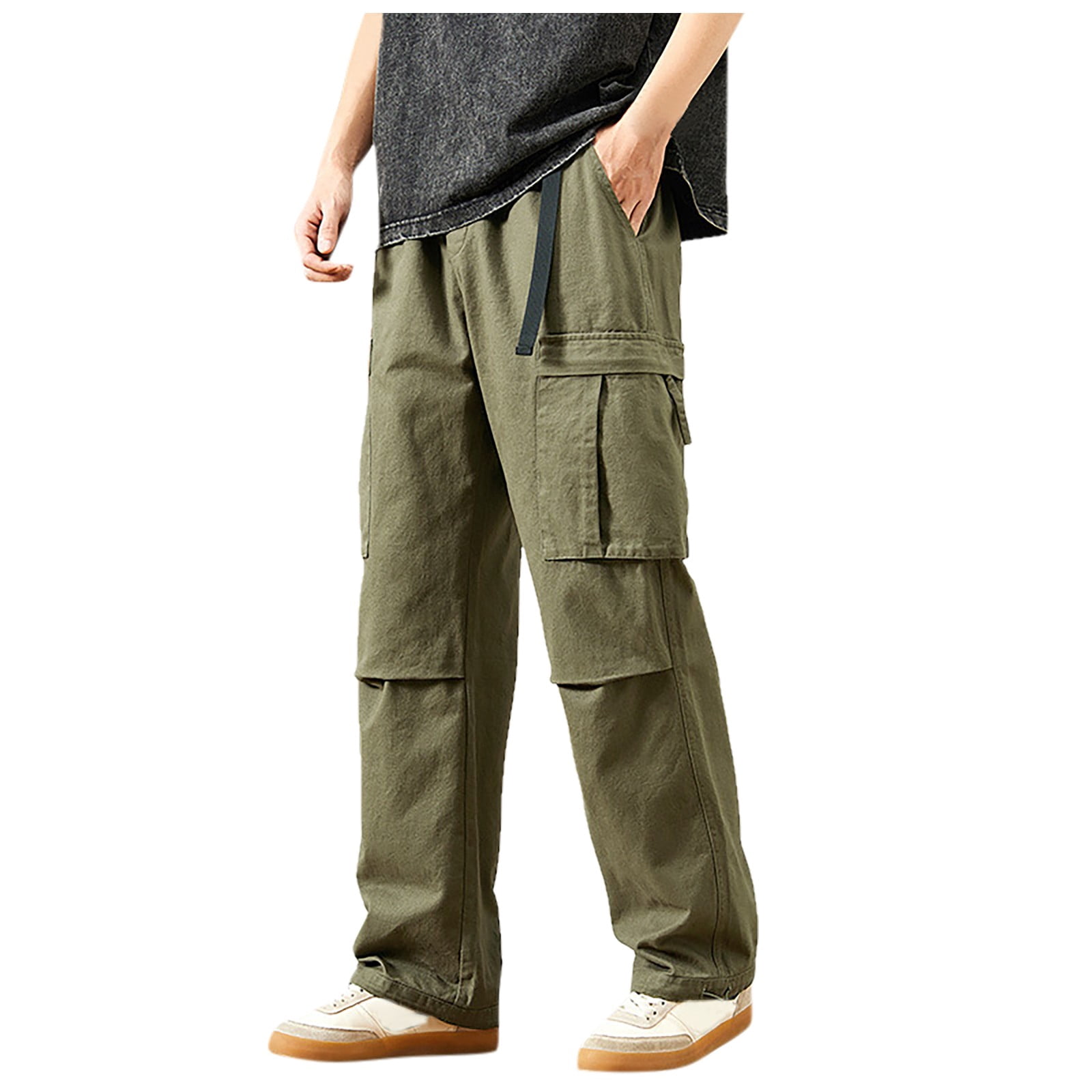 OSOLU Men Solid Color Pocket Loose Straight Leg Work Pants Casual Loose ...