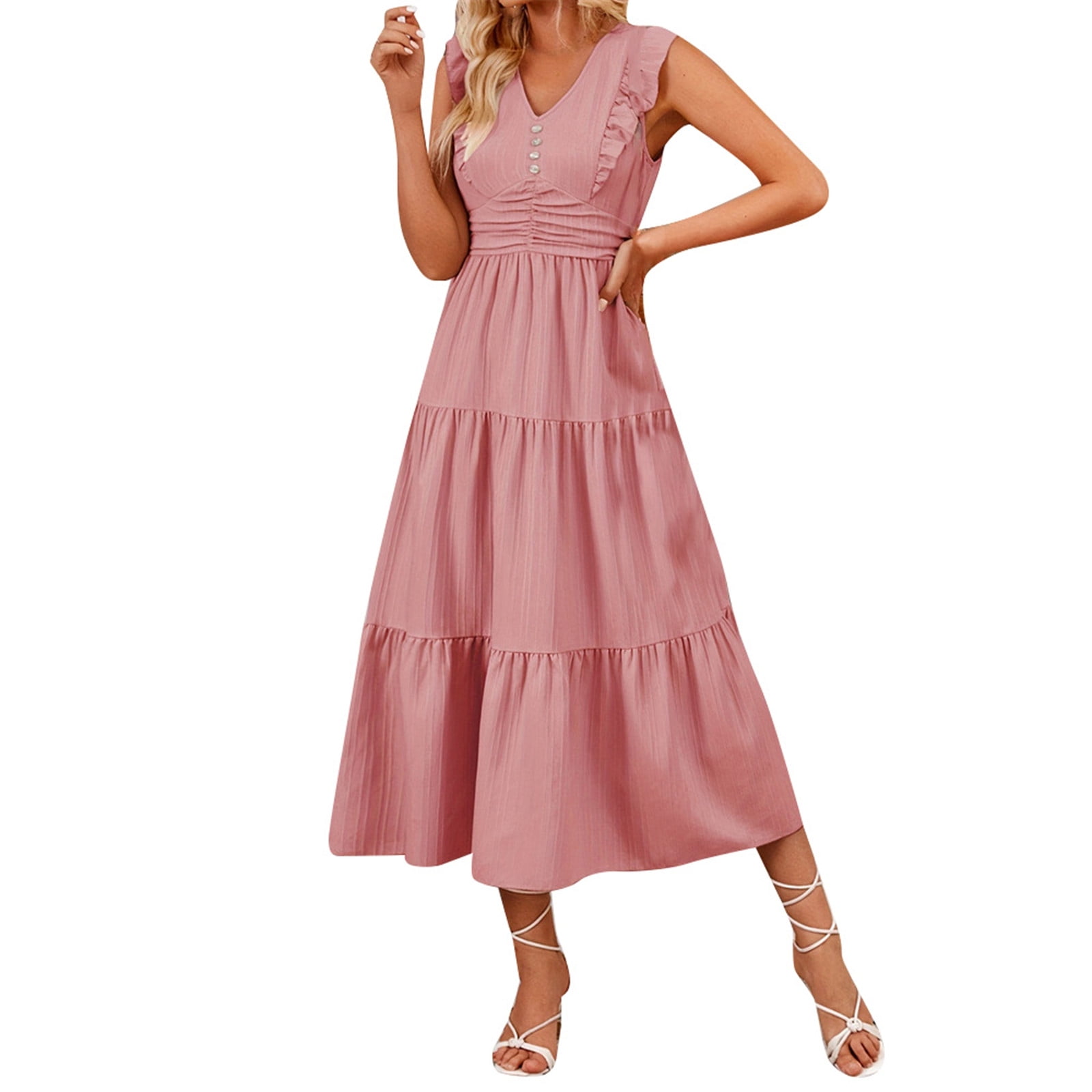 OSOLU Ruffles Are Slim Solid Color Jacquard Long Sleeveless Dress ...