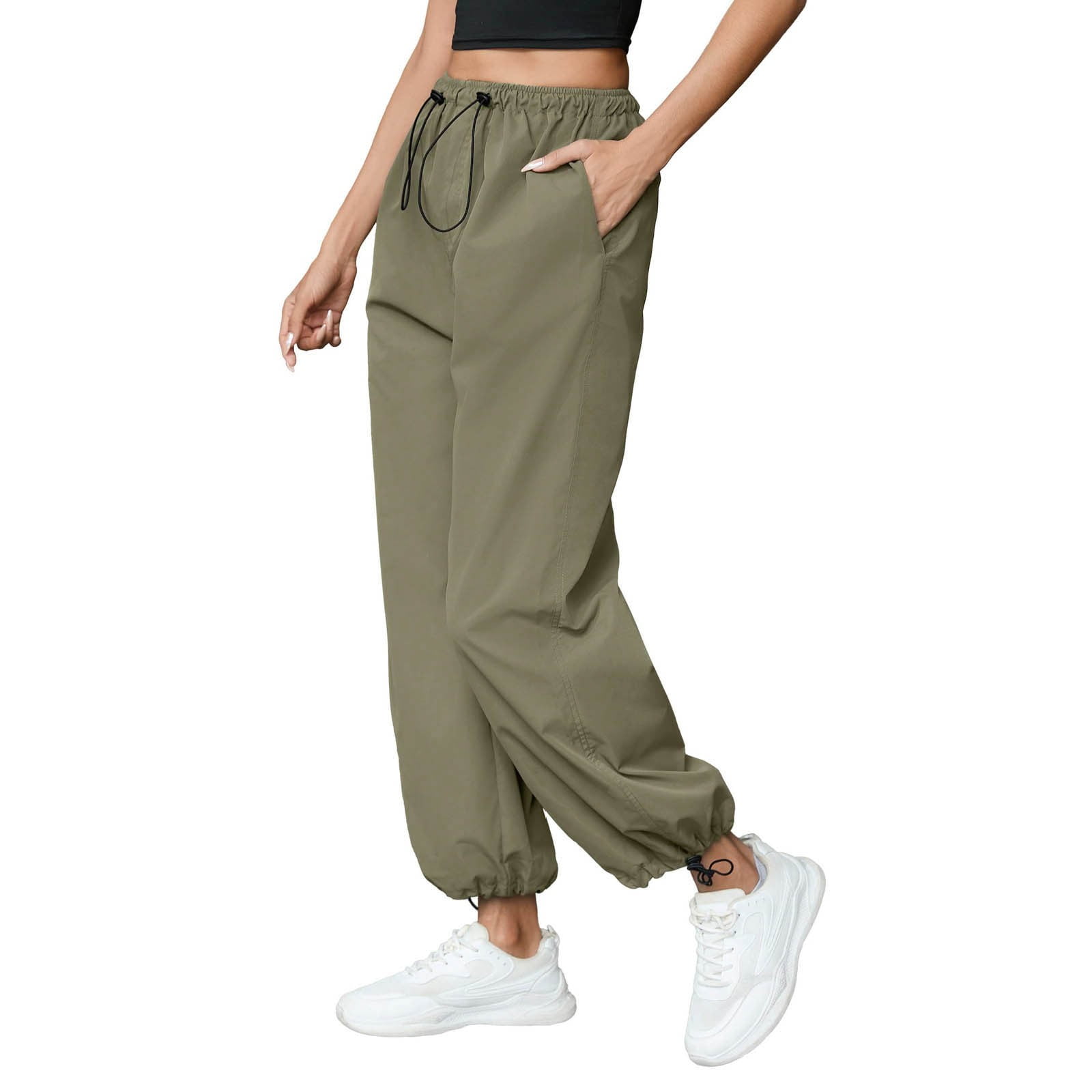 OSOLU Solid Color Cargo Pants Women Wide Leg Parachute Sweatpant High Waisted Flowy Baggy 2025 ...