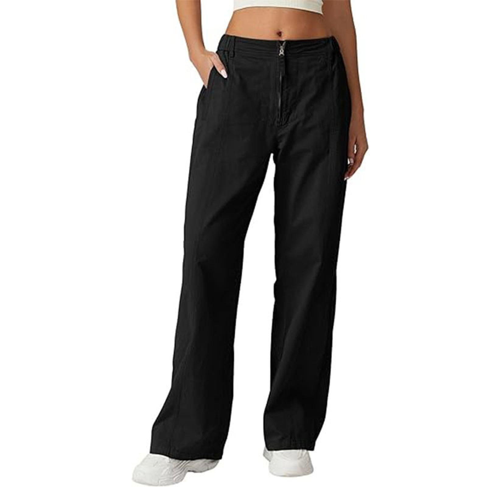 OSOLU Solid Color Cargo Pants Women Zip Front Parachute Pants Baggy ...