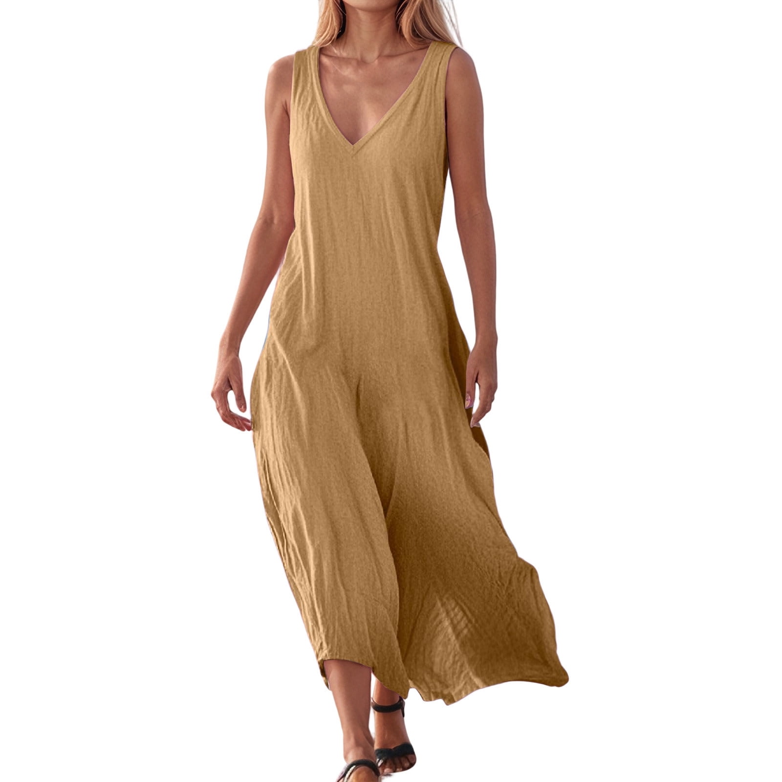 OSOLU Solid Color Casual Loose Fit Linen Dresses For Women Flowy V Neck ...