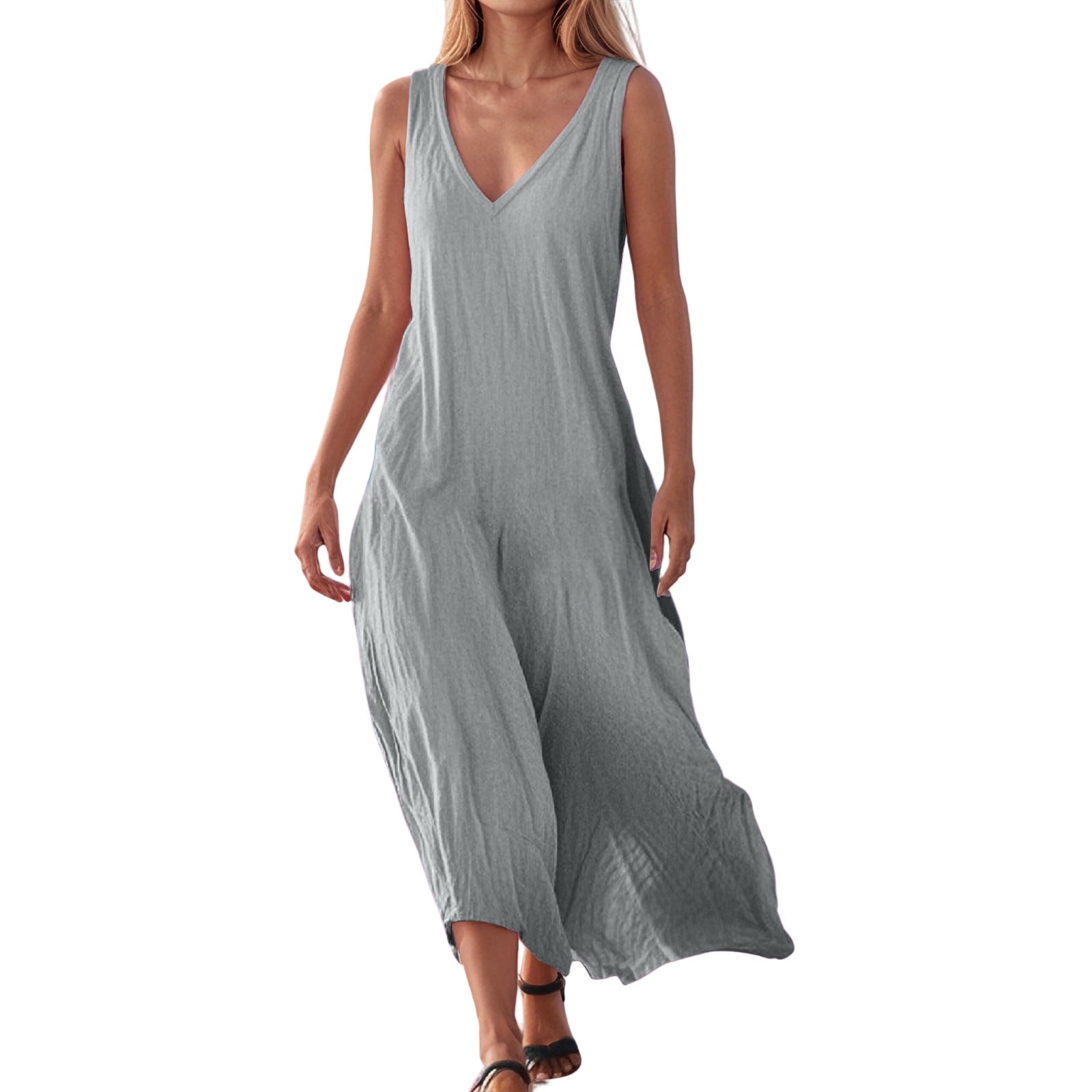 OSOLU Solid Color Casual Loose Fit Linen Dresses For Women Flowy V Neck ...