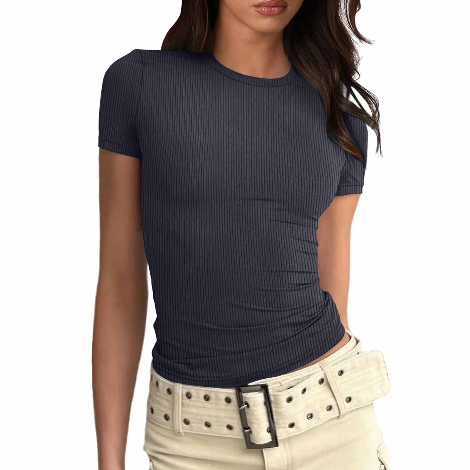 OSOLU Solid Color Fashion Tops For Women Fitted Short Sleeve Basic Tee ...
