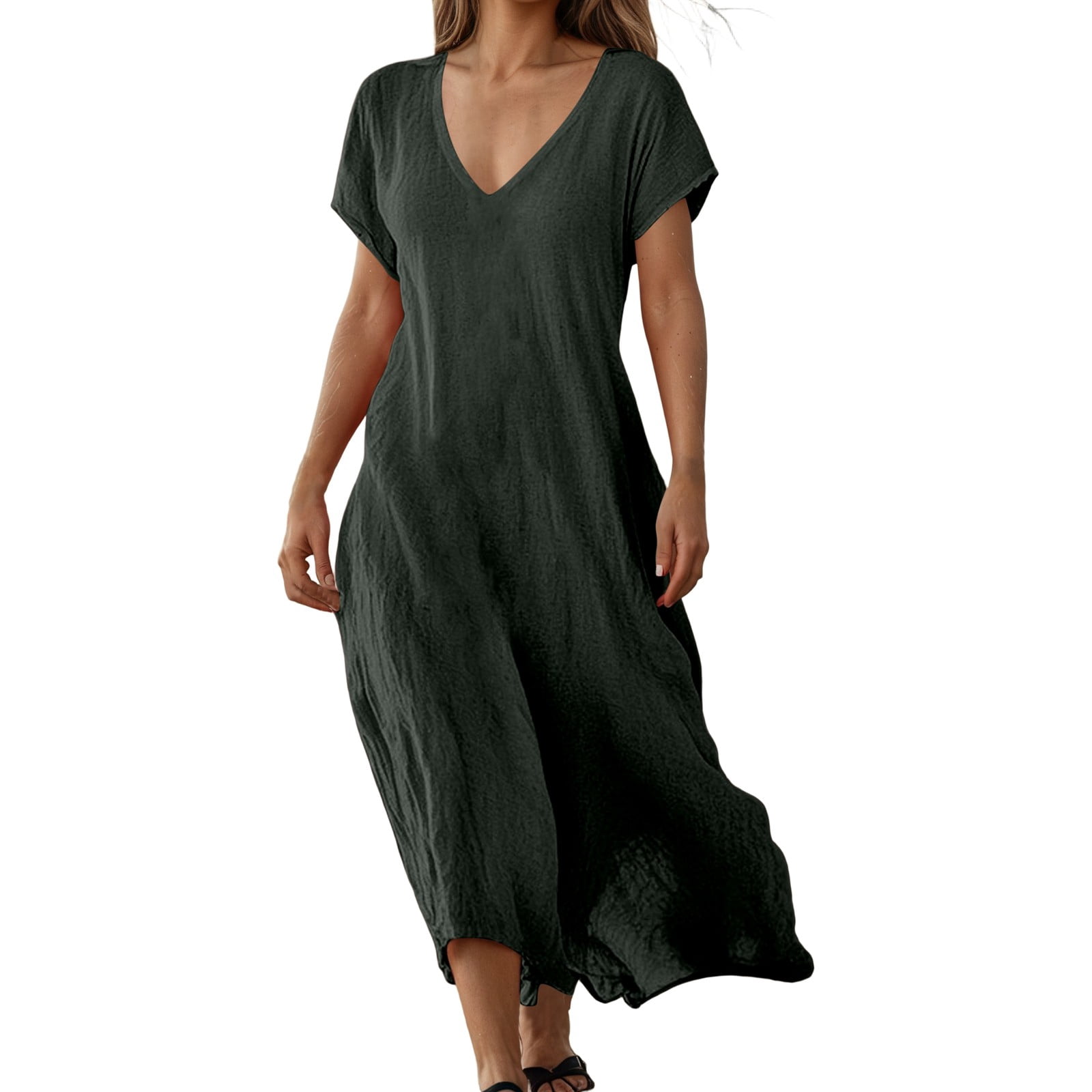 OSOLU Solid Color Linen Dresses For Women Flowy V-Neck Short Sleeve ...