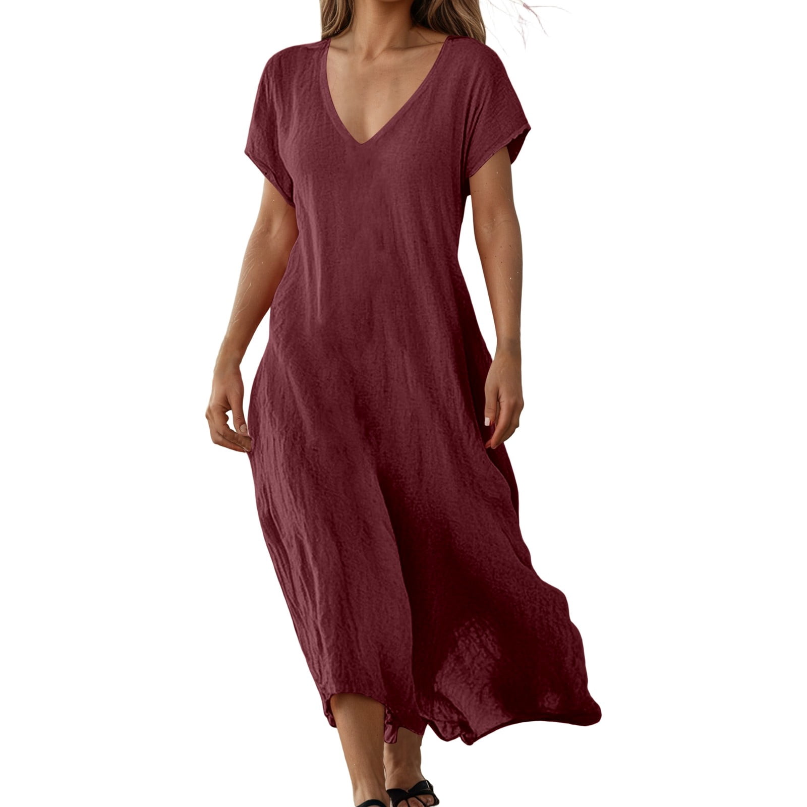 OSOLU Solid Color Linen Dresses For Women Flowy V-Neck Short Sleeve ...