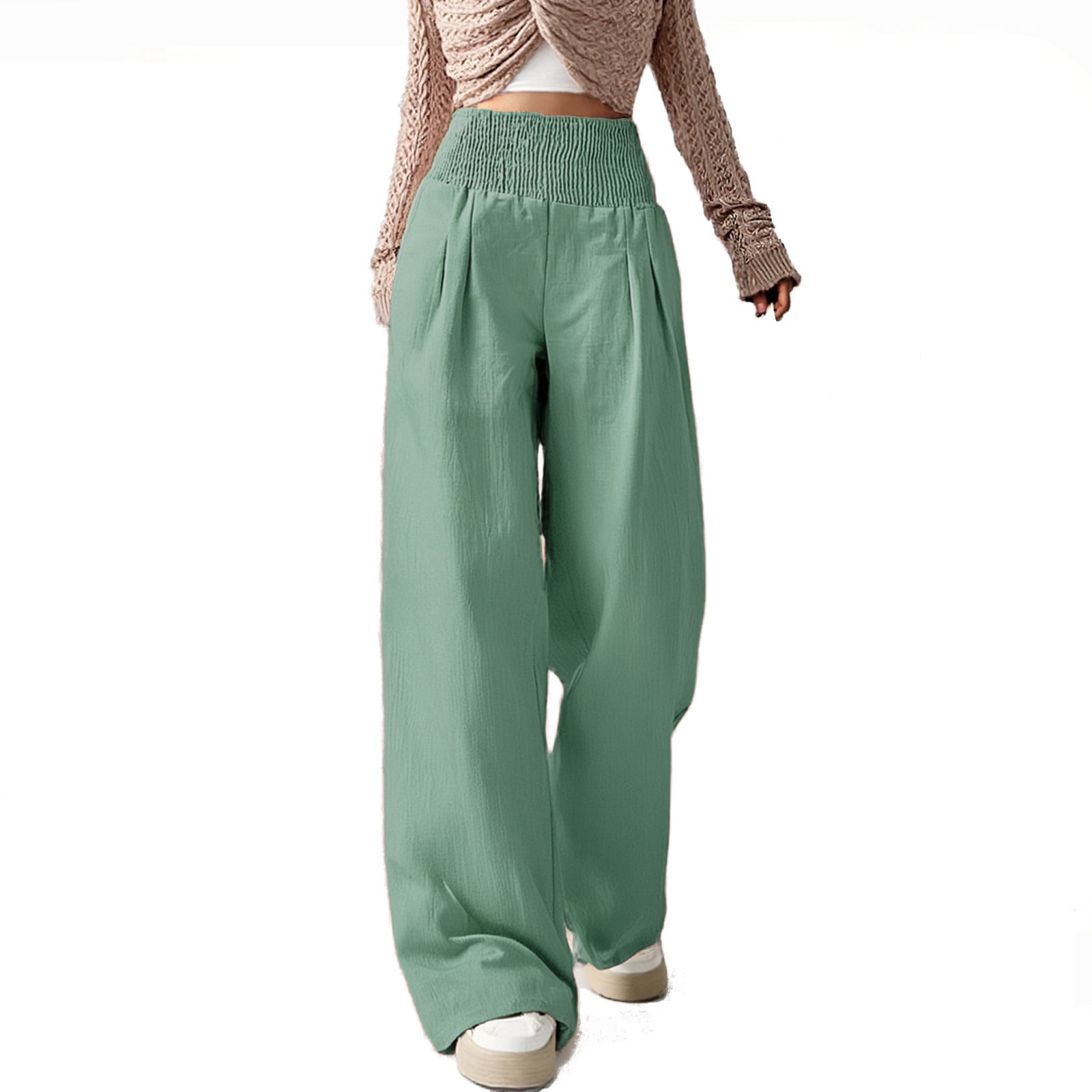 OSOLU Solid Color Linen Pants Women Women Linen Palazzo Pants Summer Wide Leg High Waist Casual ...