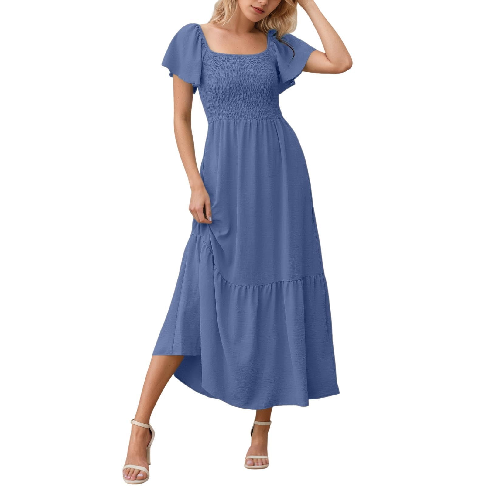 OSOLU Solid Color Maxi Dresses For Women Square Neck Flutter Sleeve ...