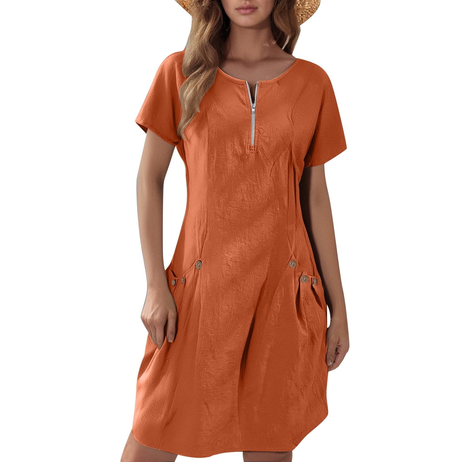 OSOLU Solid Color Short Sleeve Dress For Women O-Neck Gray Zip Neck ...