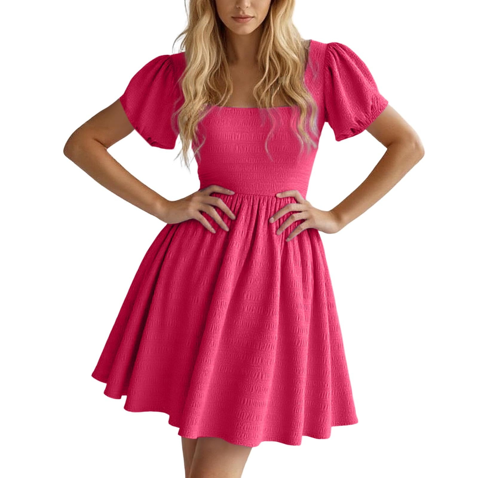 OSOLU Solid Color Women 2025 Mini Dress Square Neckline Puff Sleeve A ...