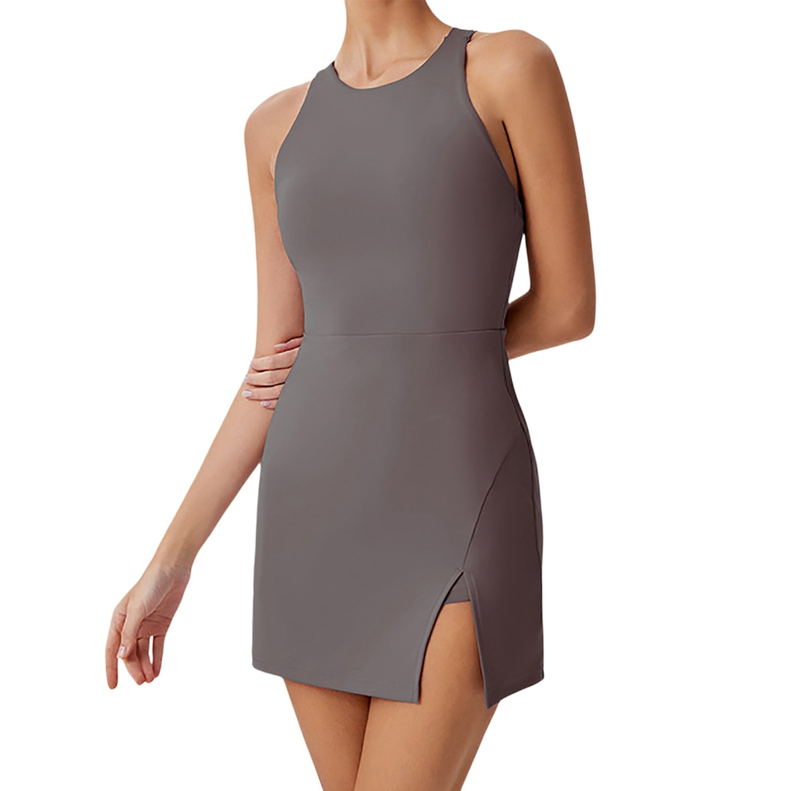 OSOLU Solid Color Women Casual Dress Backless Split Tunic For Sports ...