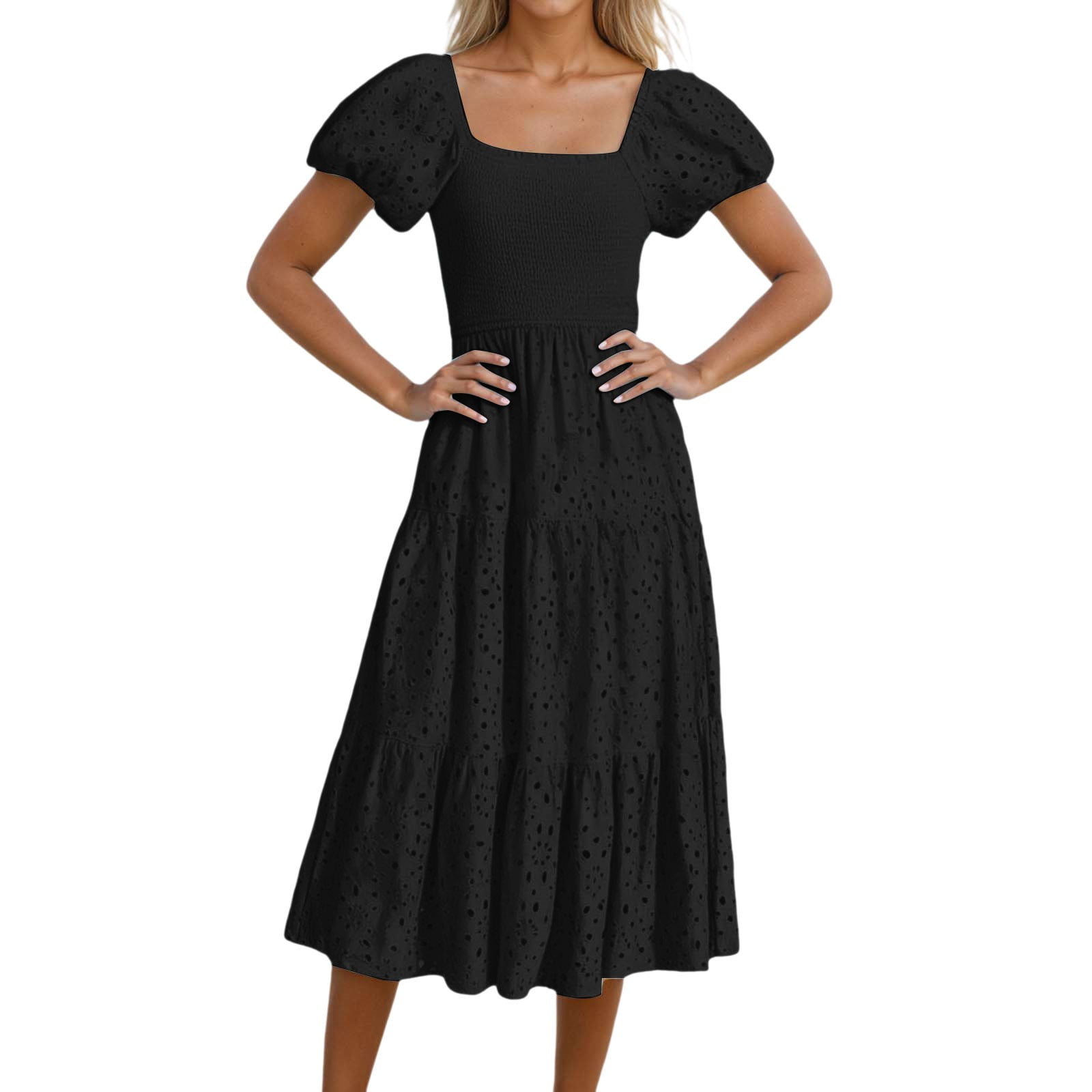 OSOLU Solid Color Women Casual Dress Square Neck Short Sleeve Flowy ...