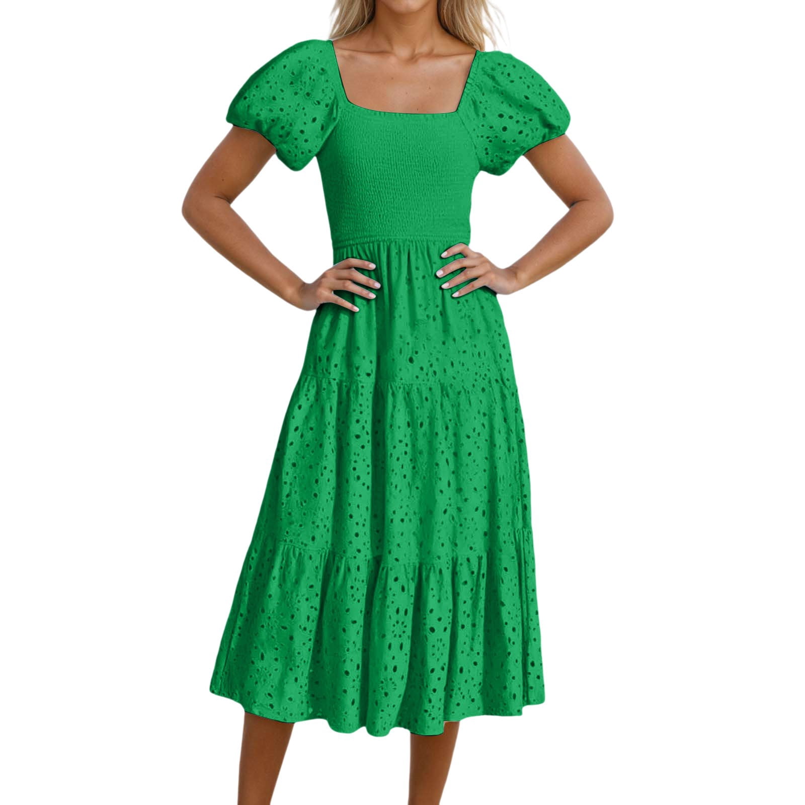 OSOLU Solid Color Women Casual Dress Square Neck Short Sleeve Flowy ...