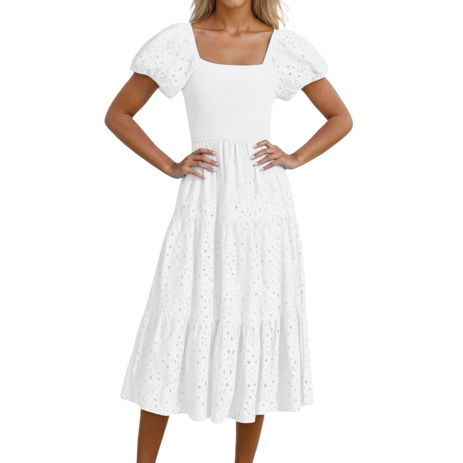 OSOLU Solid Color Women Casual Dress Square Neck Short Sleeve Flowy ...