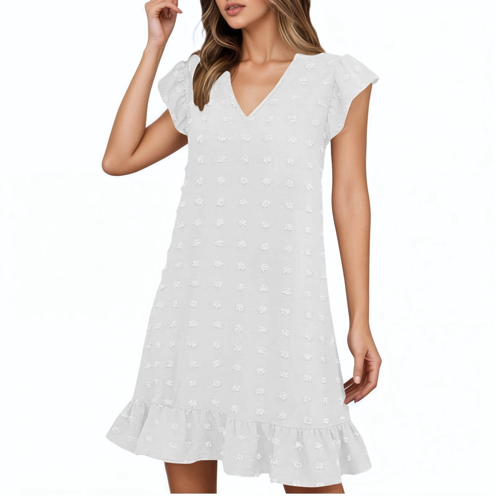 OSOLU Solid Color Women Casual Dress V-Neck Midi Dress With Cap Sleeve ...