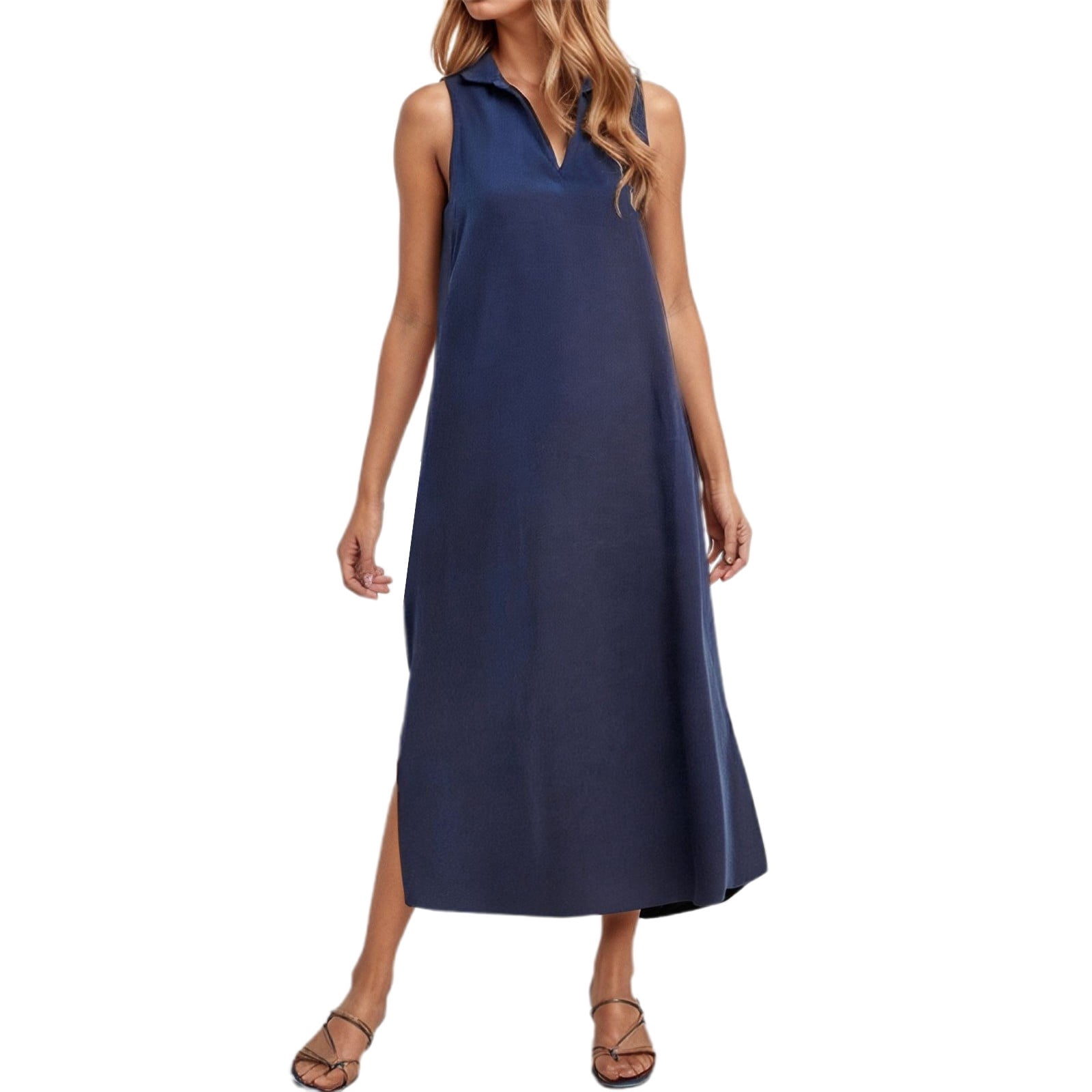 OSOLU Solid Color Women Casual V-Neck Sleeveless Dress Split Hem Daily ...