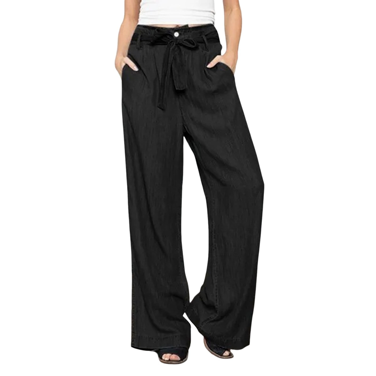OSOLU Solid Color Women Cozy High Waisted Tie Side Plicated Wide Leg Pants Trousers Everyday ...