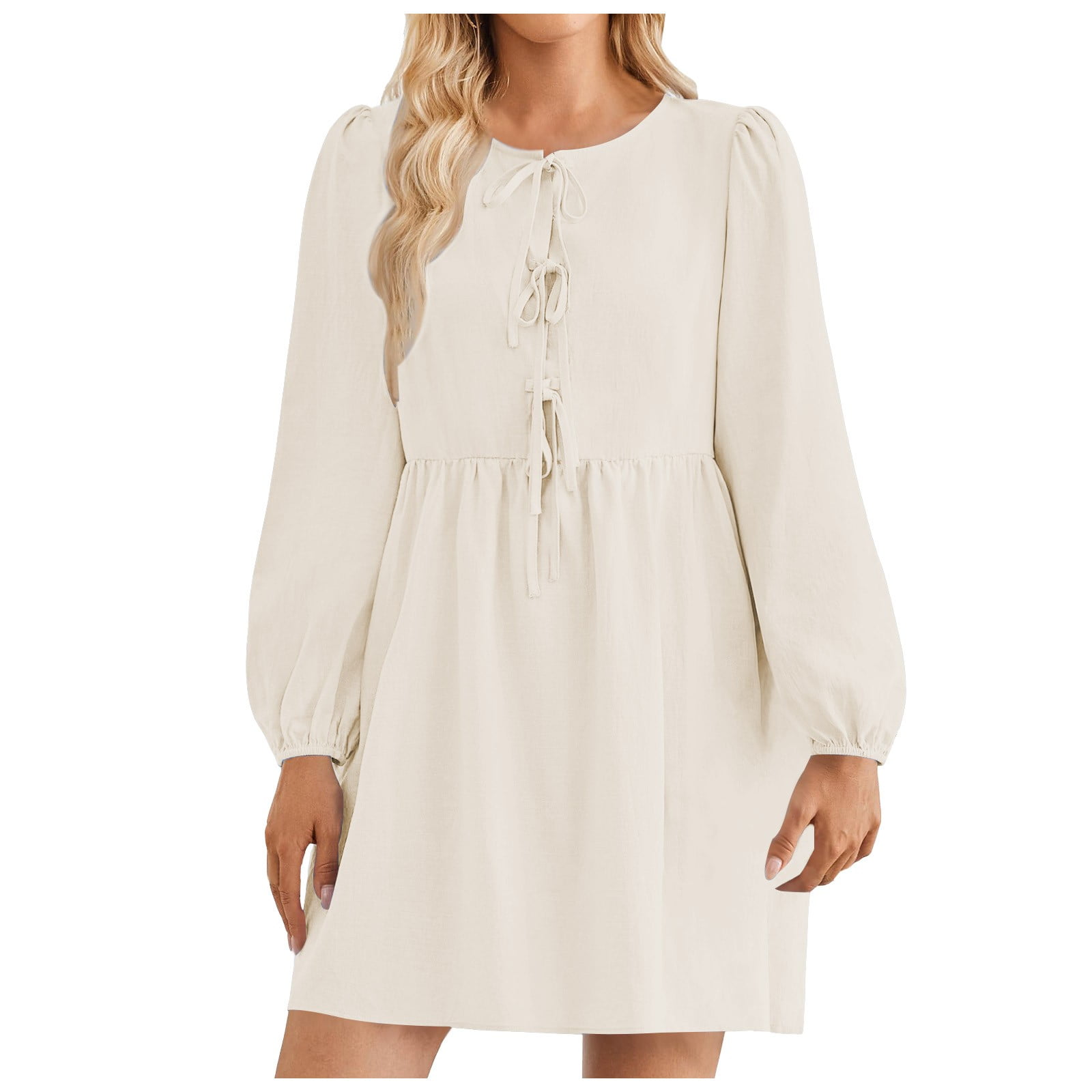 OSOLU Solid Color Women Dress Fall Long Puff Sleeve Self Tie Front A ...