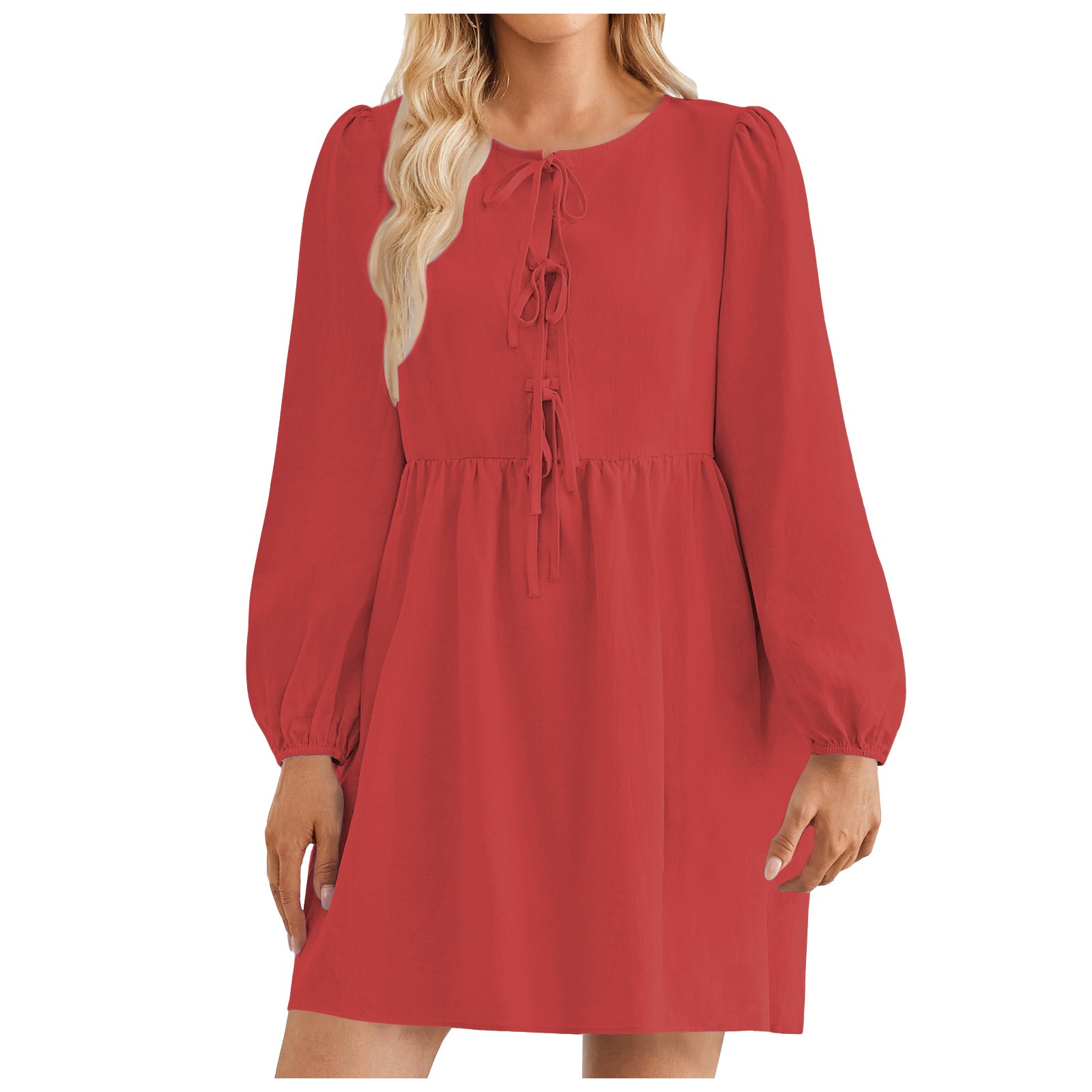 OSOLU Solid Color Women Dress Fall Long Puff Sleeve Self Tie Front A ...