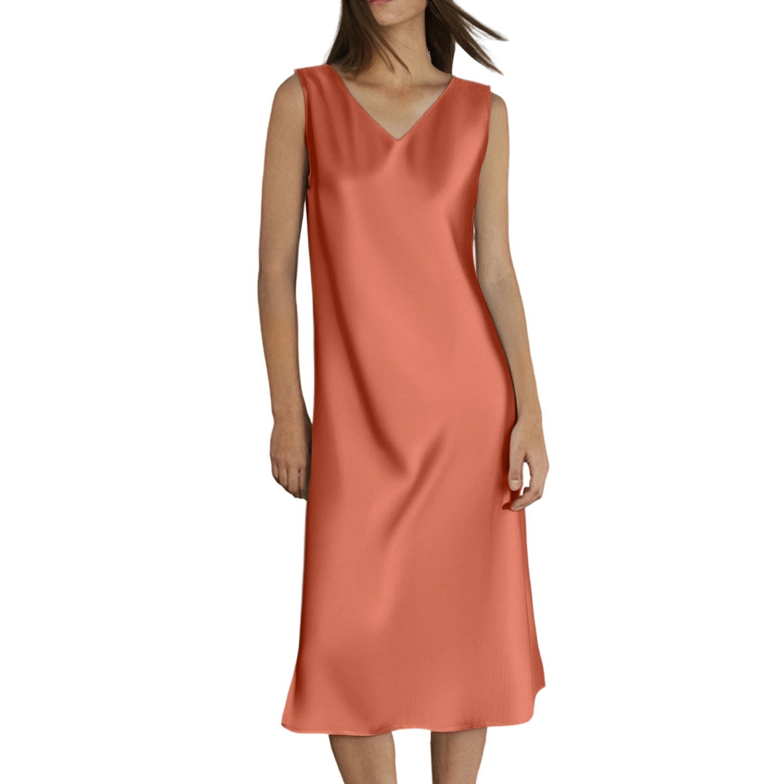 OSOLU Solid Color Women Elegant Casual Dress V-Neck A-Line Sleeveless ...