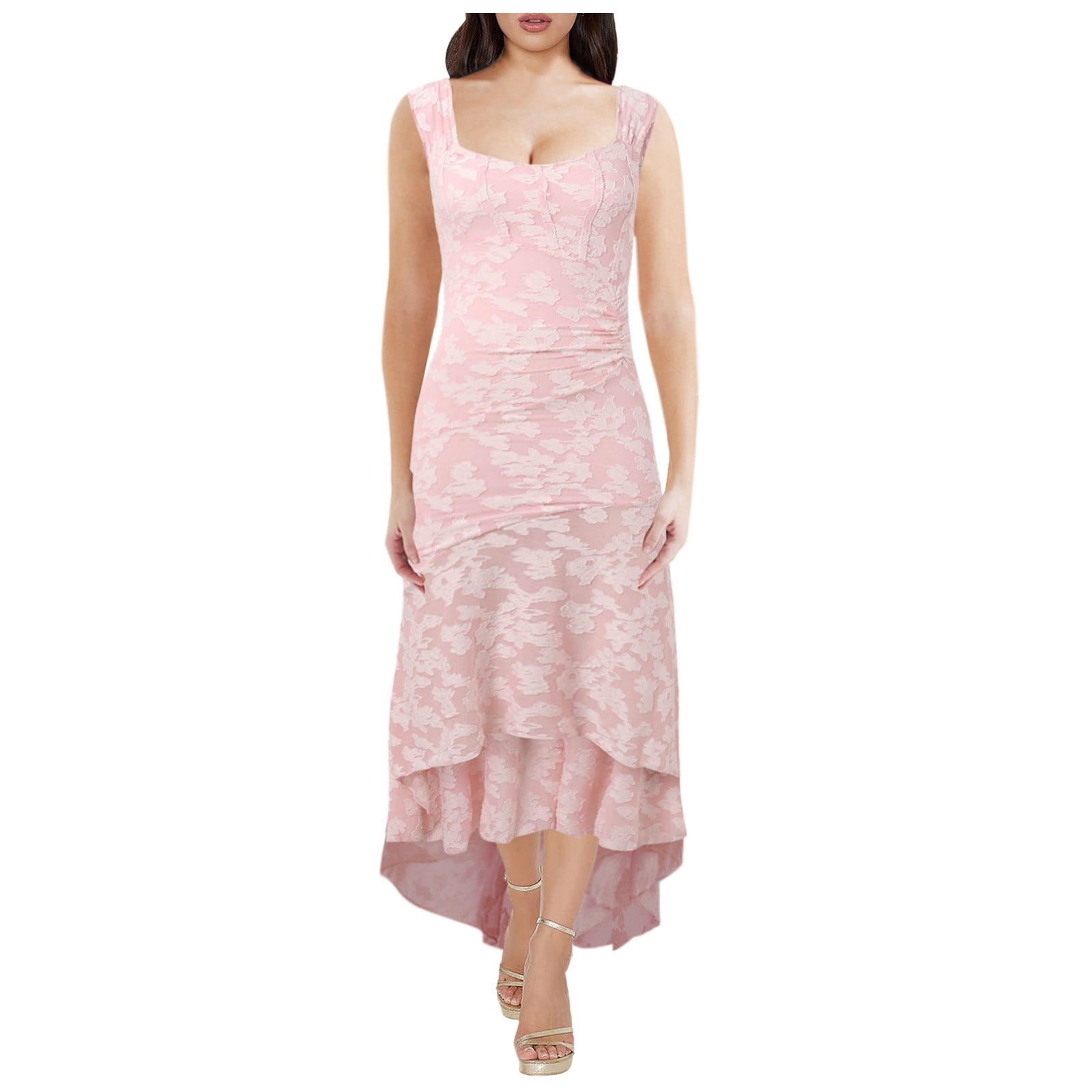 OSOLU Solid Color Women Elegant Lace Open Back Pleated Spaghetti Strap ...