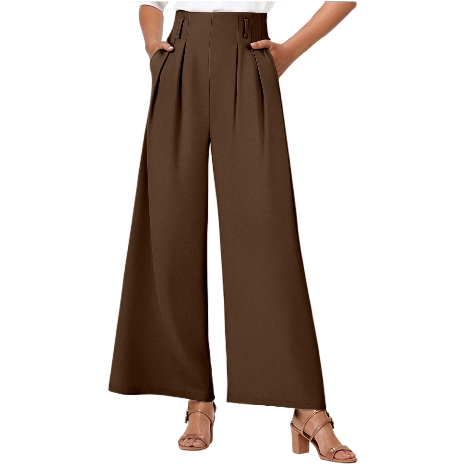 OSOLU Solid Color Women High Waist Texture Pleated Wide Leg Pants Trousers Everyday Comfort ...