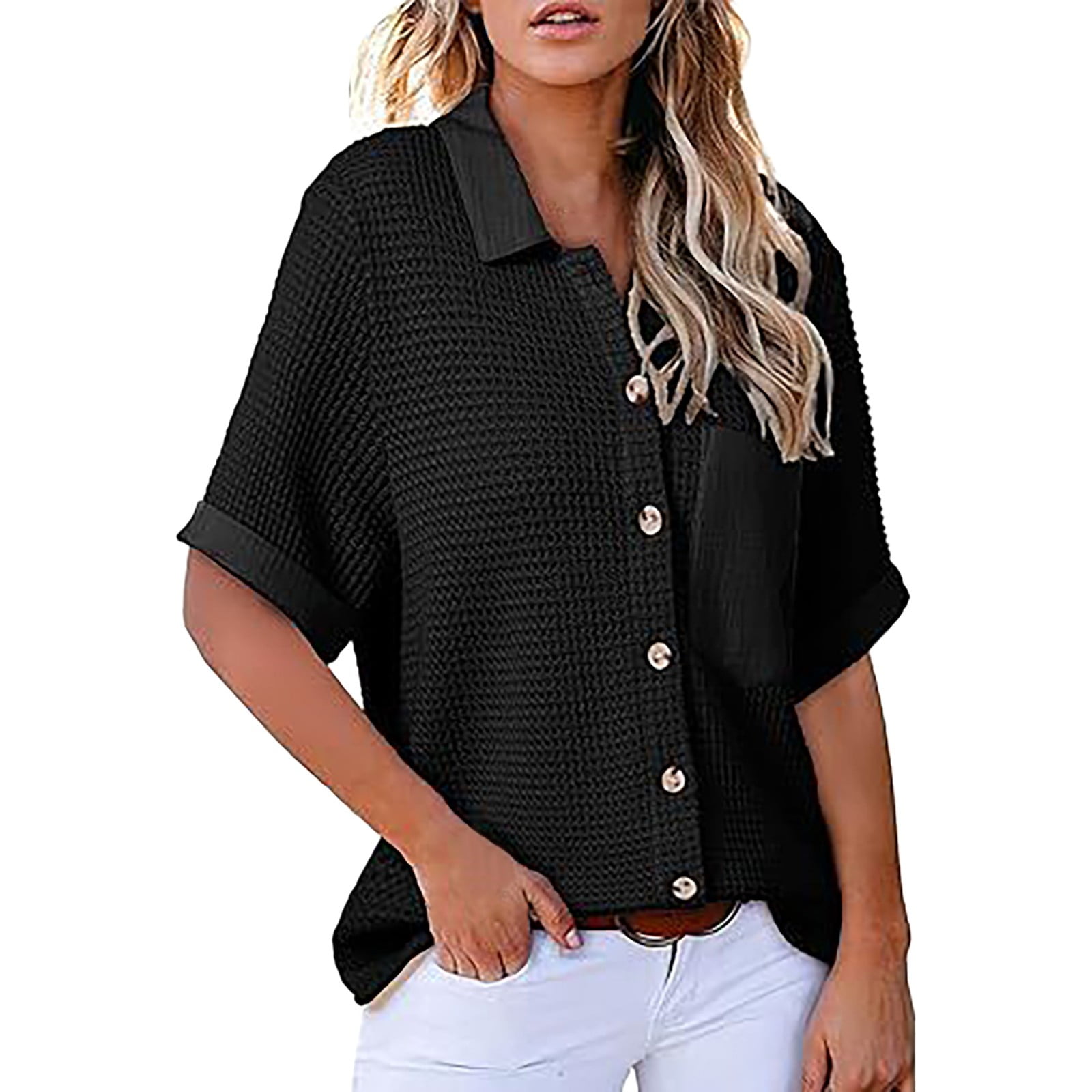 OSOLU Solid Color Women Knit Button Down Shirts Tops Casual V-Neck ...