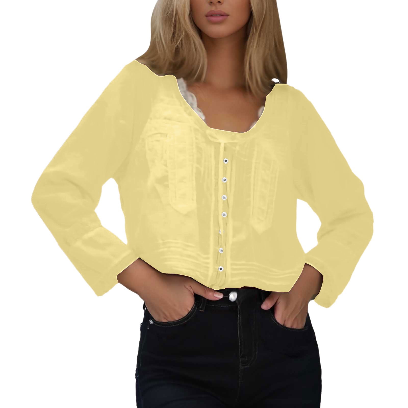 OSOLU Solid Color Women Lace Tie Front Tops Long Sleeve Button Up ...