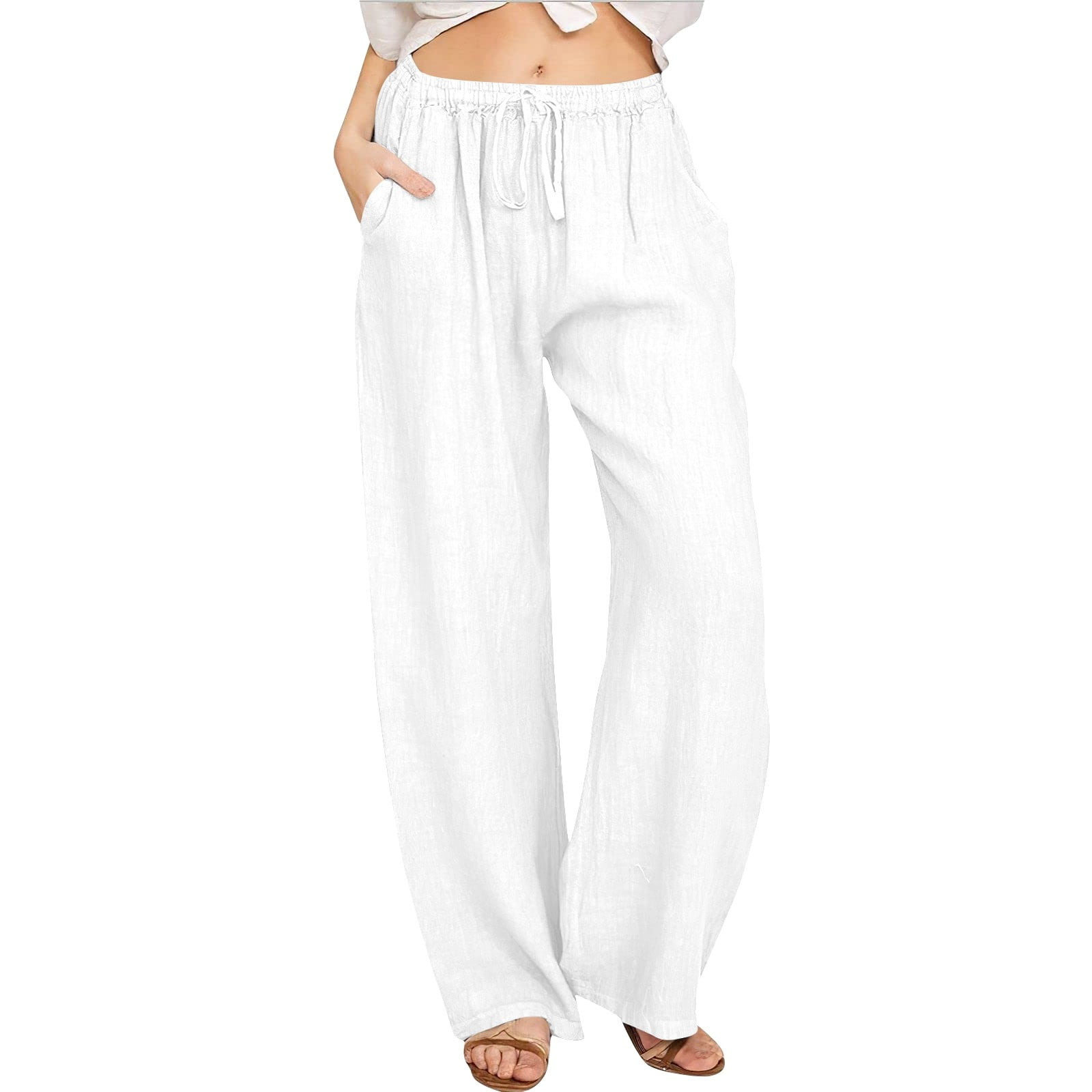 OSOLU Solid Color Women Linen Pants Elastic High Waist Drawstring Wide Leg Palazzo Yoga Trousers ...