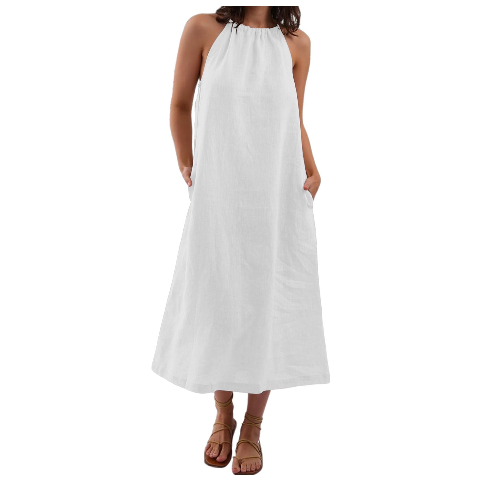 OSOLU Solid Color Women Linen Sleeveless Extra Long Back Lace Up Linen ...