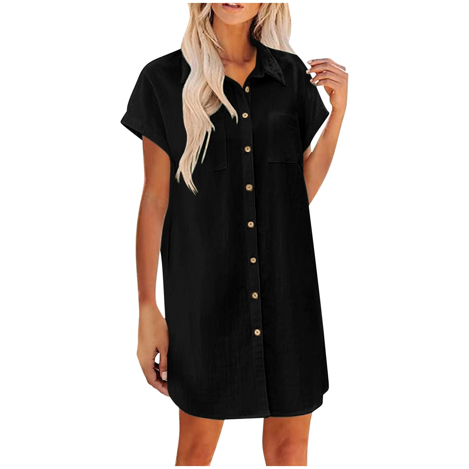 OSOLU Solid Color Women Long Button Up Linen Shirt Dress With Short ...