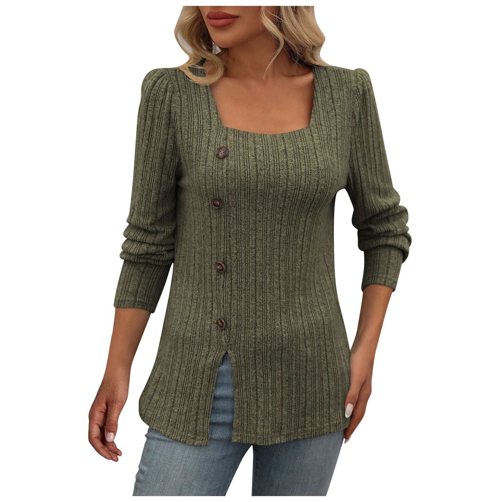 OSOLU Solid Color Women Long Sleeve Plain Ribbed Textured Tops With ...