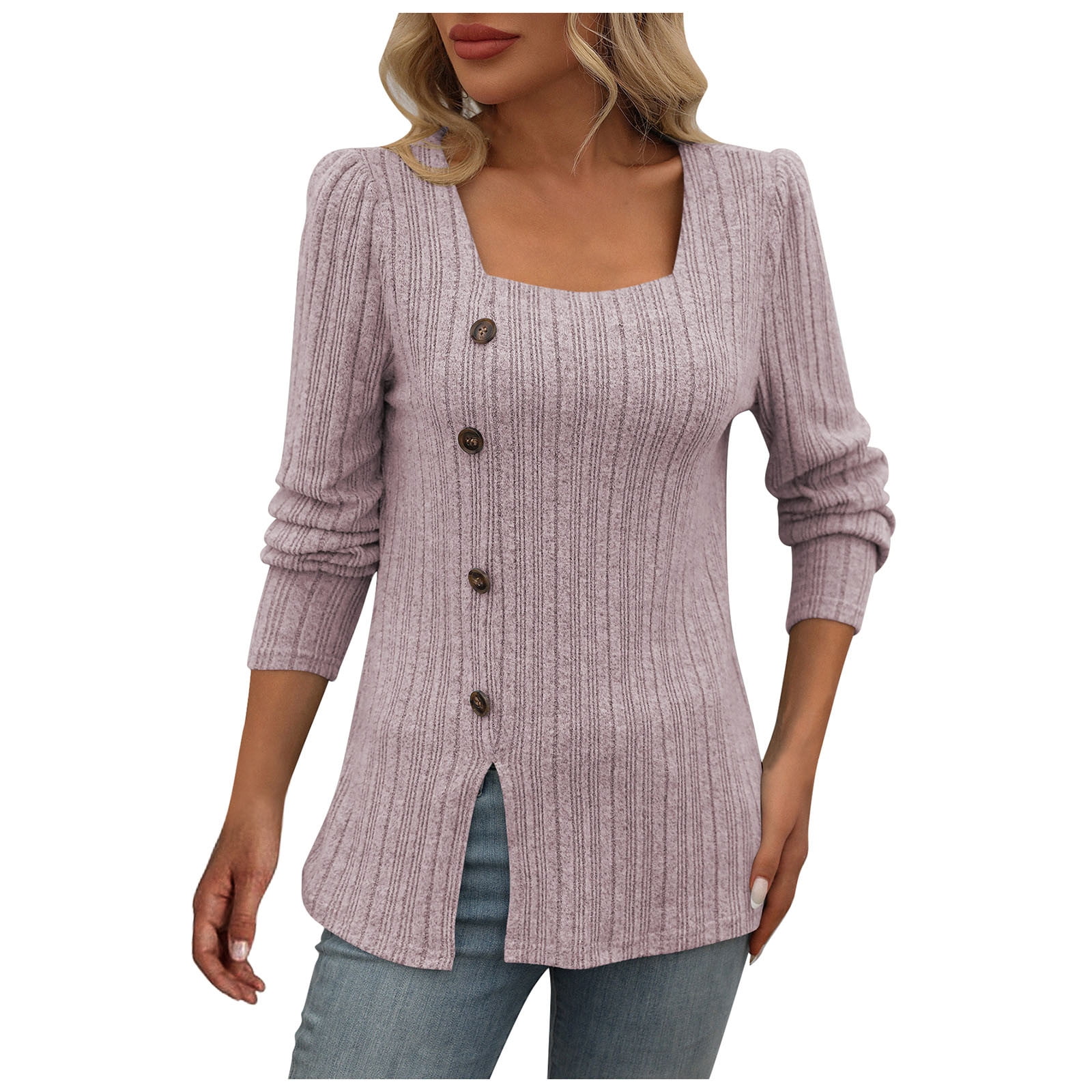 OSOLU Solid Color Women Long Sleeve Plain Ribbed Textured Tops With ...