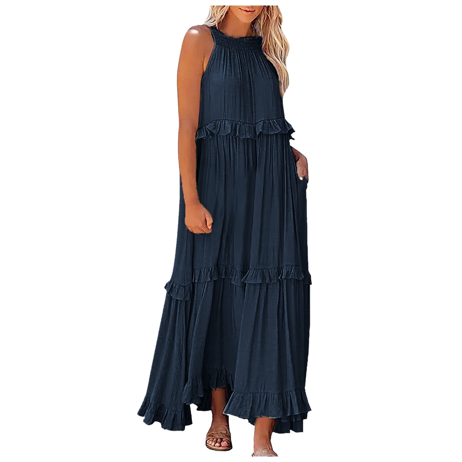 OSOLU Solid Color Women Maxi Dress Sleeveless Tiered Beach Dress Casual ...