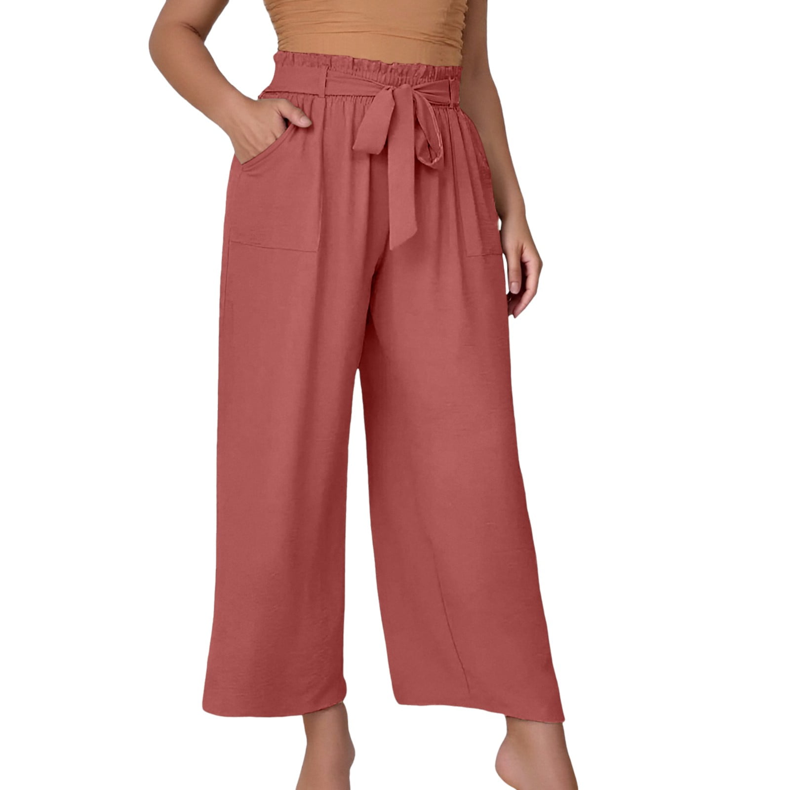OSOLU Solid Color Women Plus Size Wide Leg Pants With Pockets High Waisted Palazzo Adjustable ...