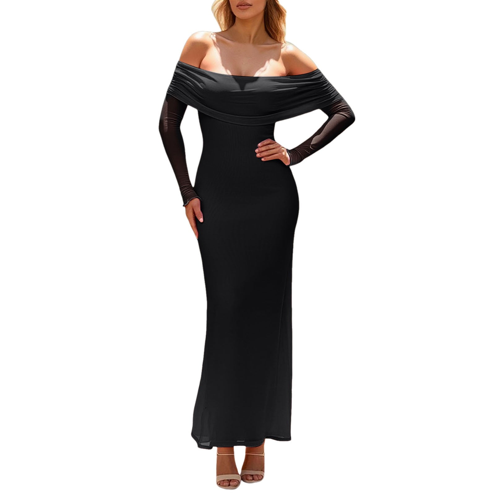 OSOLU Solid Color Women Off Shoulder Bodycon Maxi Dress Long Sleeve ...