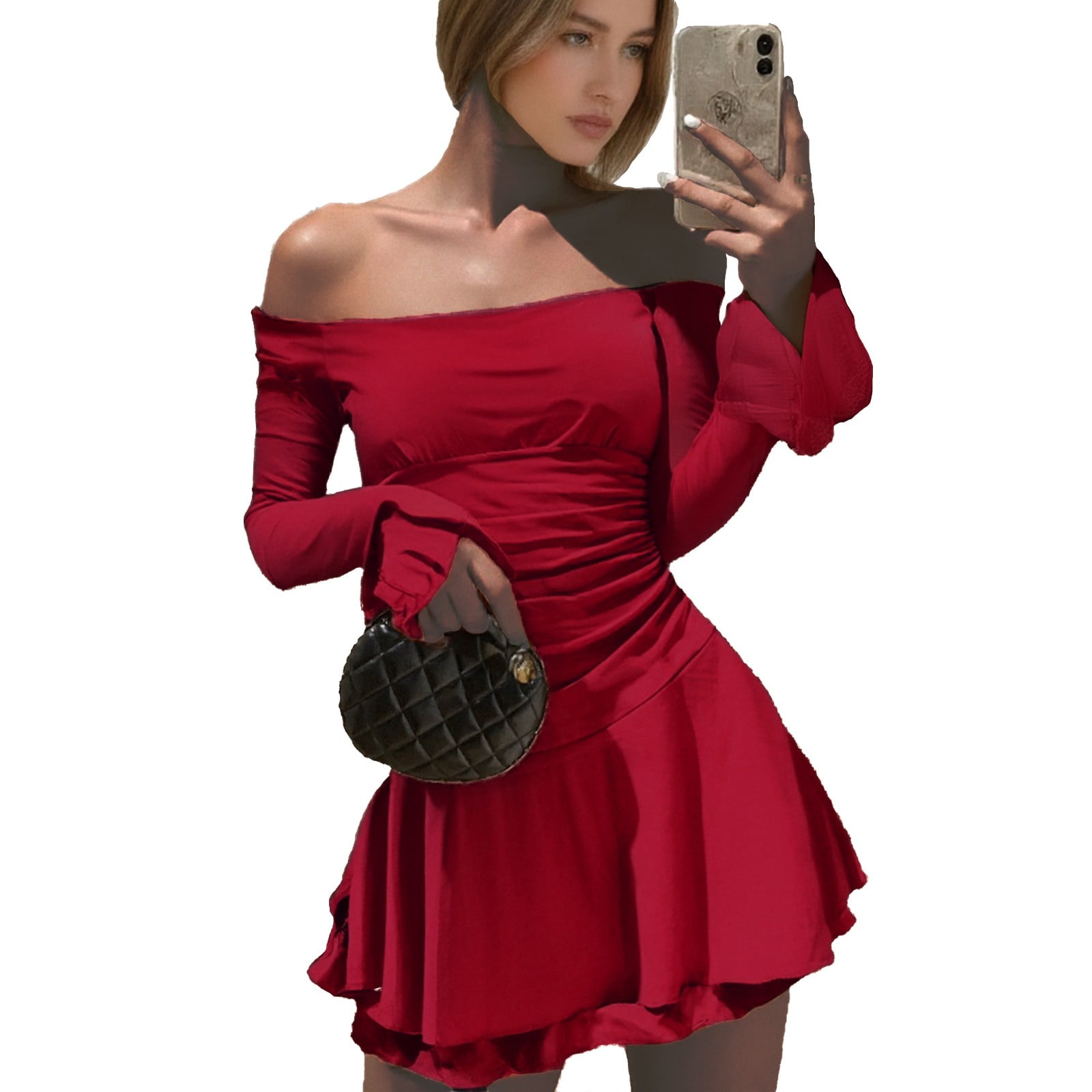 OSOLU Solid Color Women Off Shoulder Ruched Mini Dress Sexy Slim Fit ...