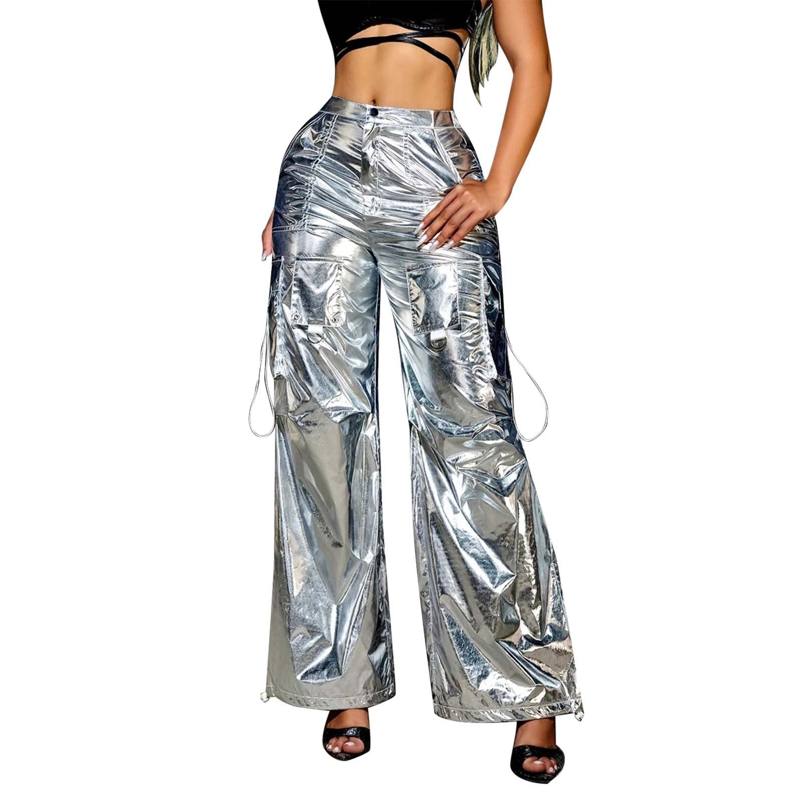 OSOLU Solid Color Women Silver Glossy Pocket Cargo Wide Leg Straight ...