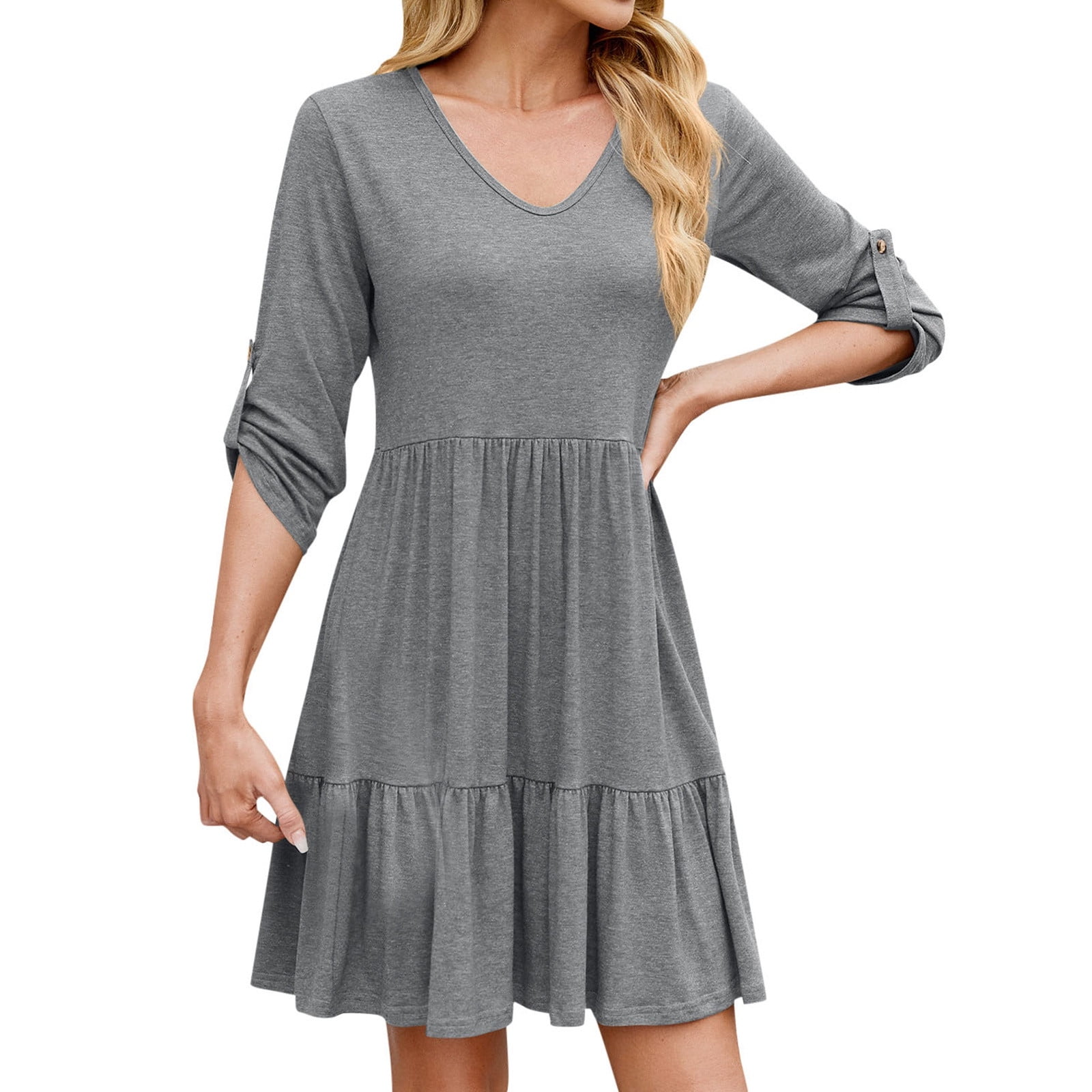 OSOLU Solid Color Women Spring Summer Loose Fit V-Neck Ruffled Flared ...