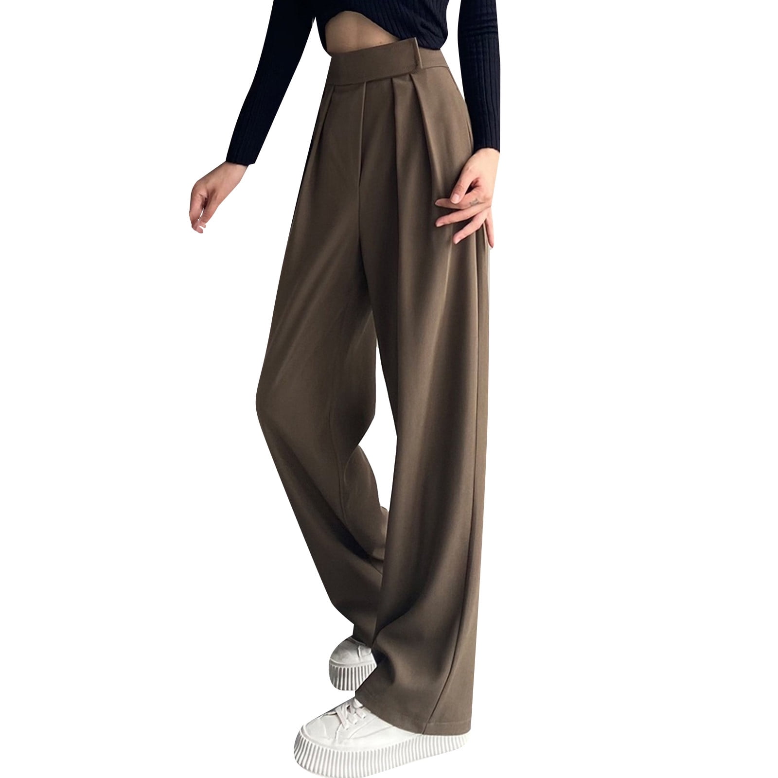 OSOLU Solid Color Women Suit Trousers With Wide Leg High Waist Long Trousers Palazzo Plain ...