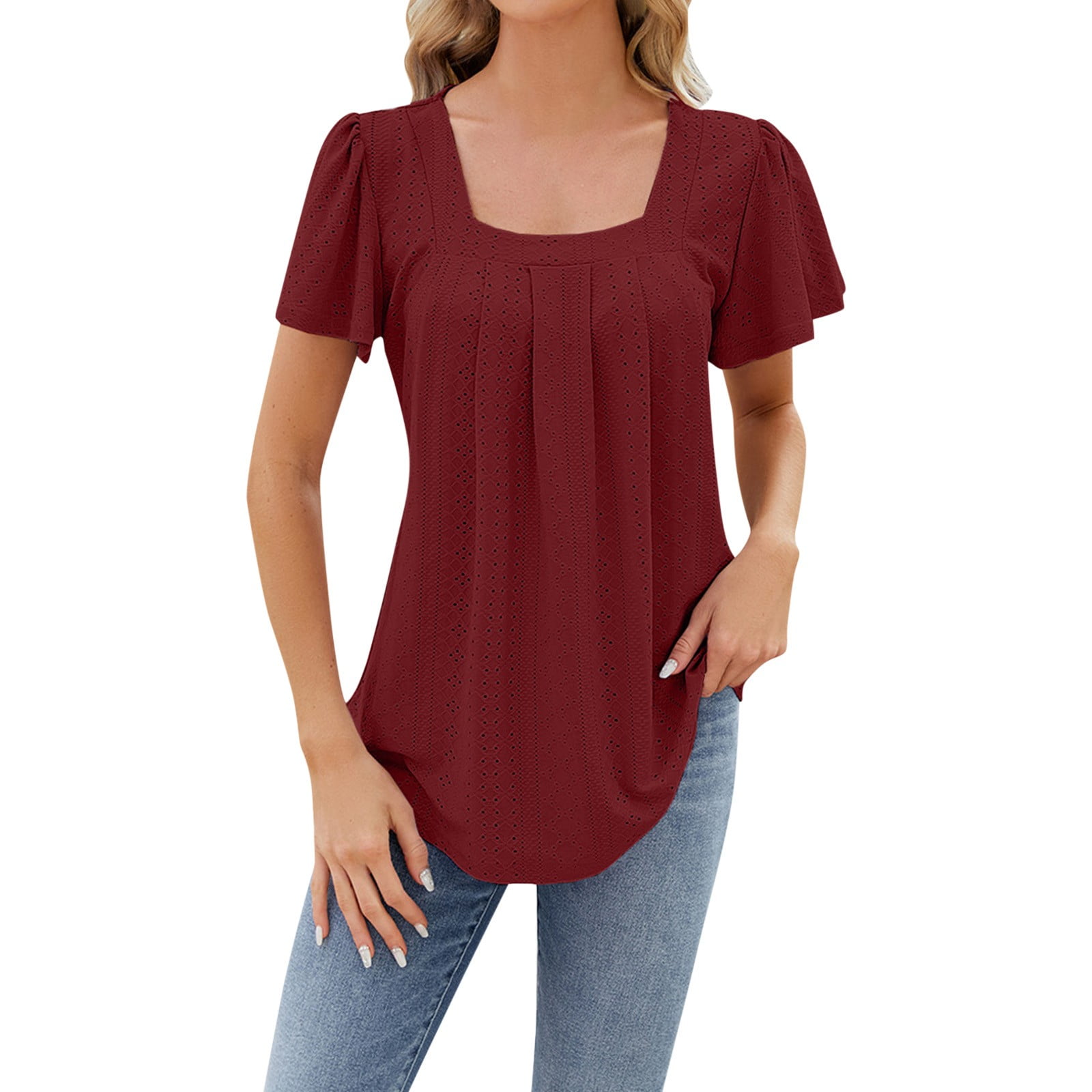 OSOLU Solid Color Women Summer Casual Shirts Pleated Hollow Square Neck ...